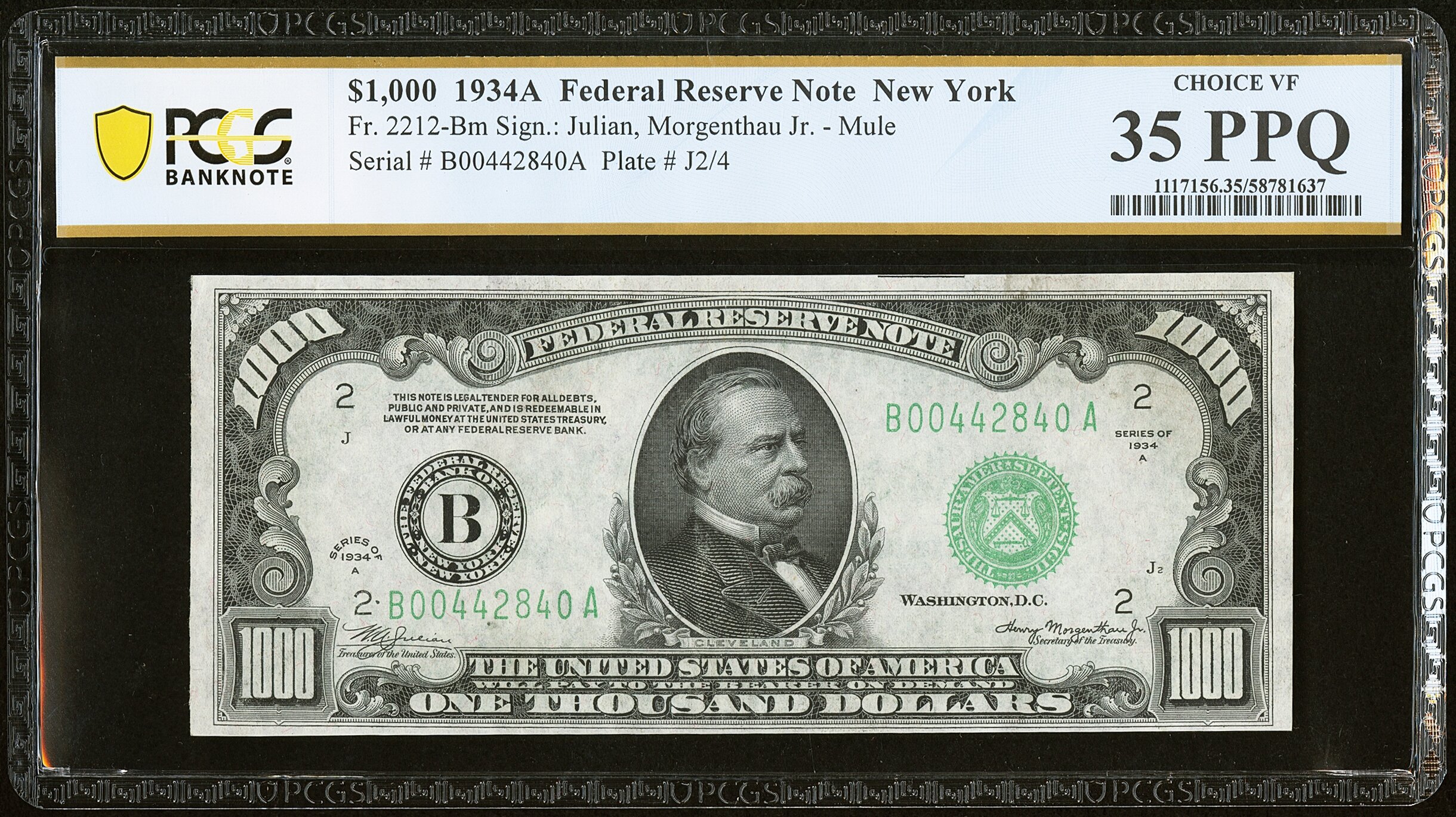Fr. 2212-B $1,000 1934A Mule Federal Reserve Note. PCGS Banknote | Lot ...