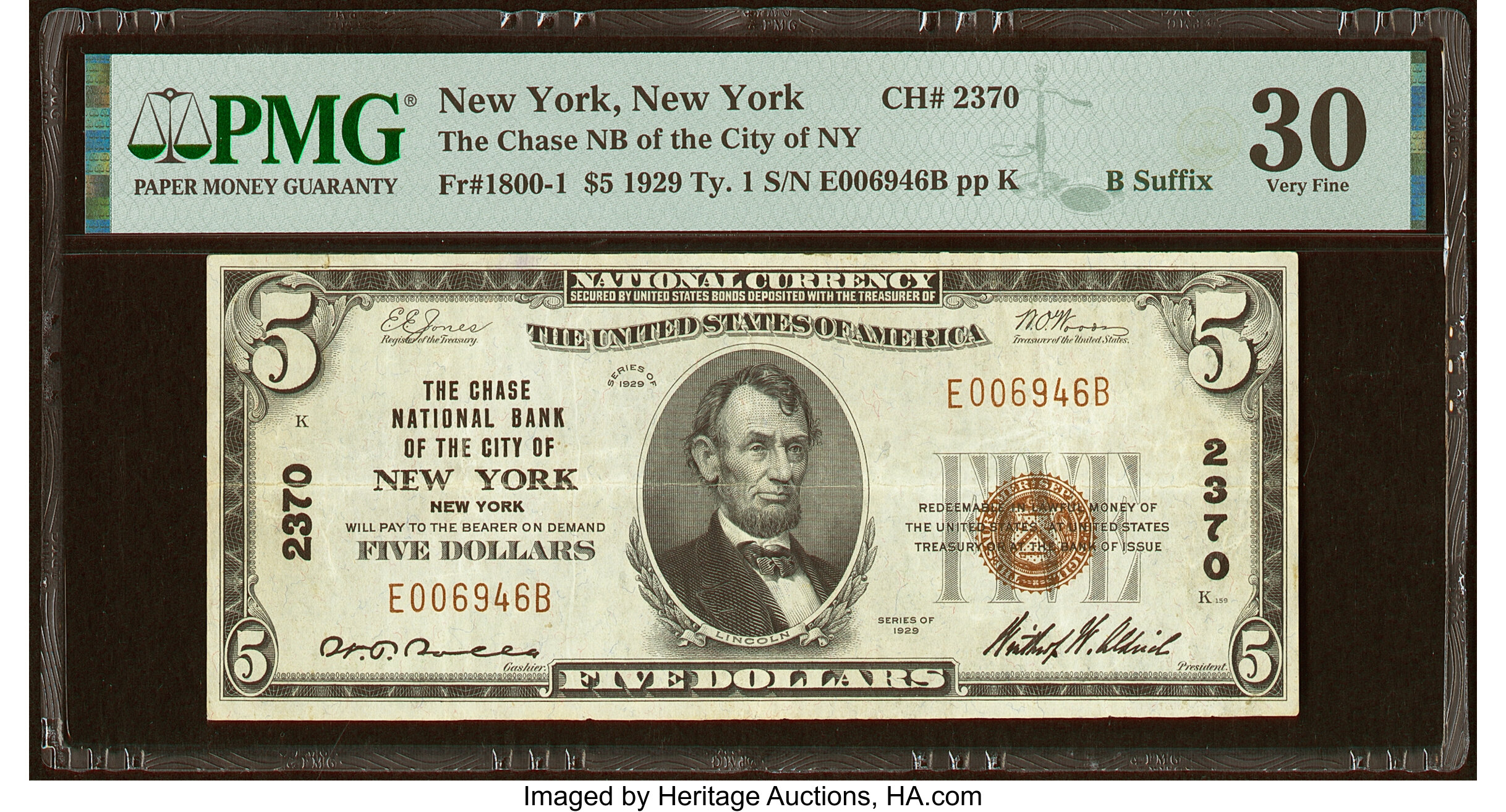 "B Suffix" New York, NY - $5 1929 Ty. 1 The Chase National Bank Ch ...