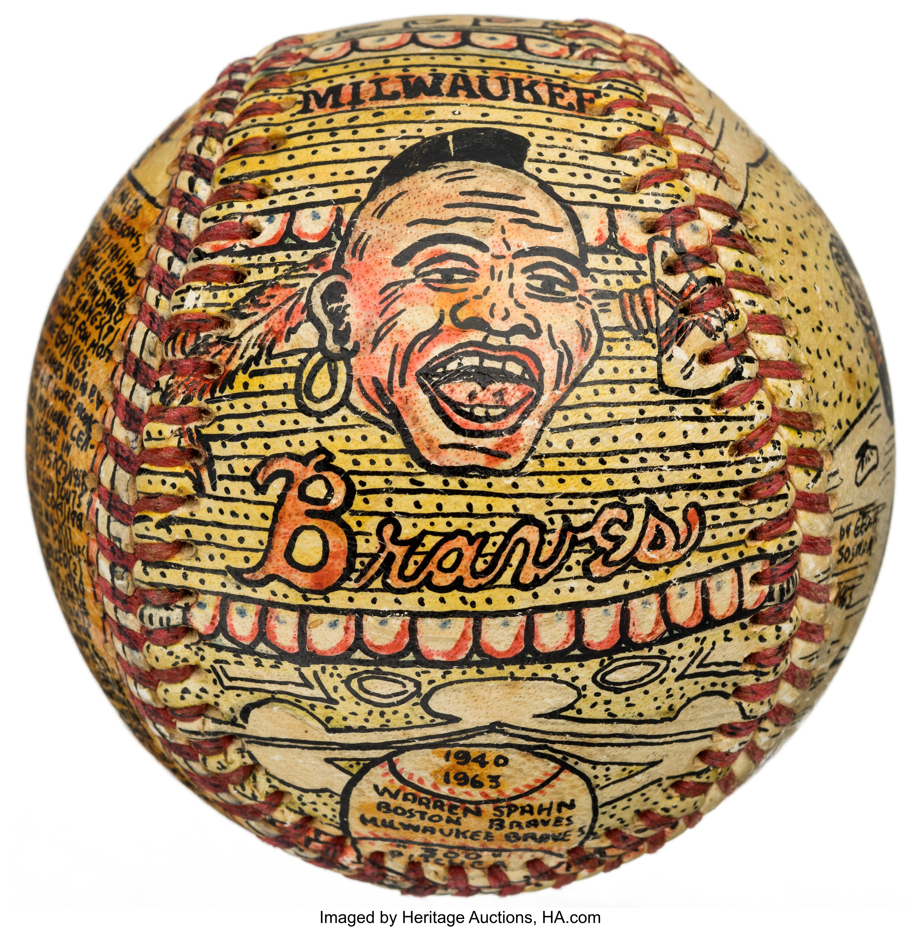 1963 Warren Spahn Folk Art Baseball by George Sosnak.... Baseball | Lot ...