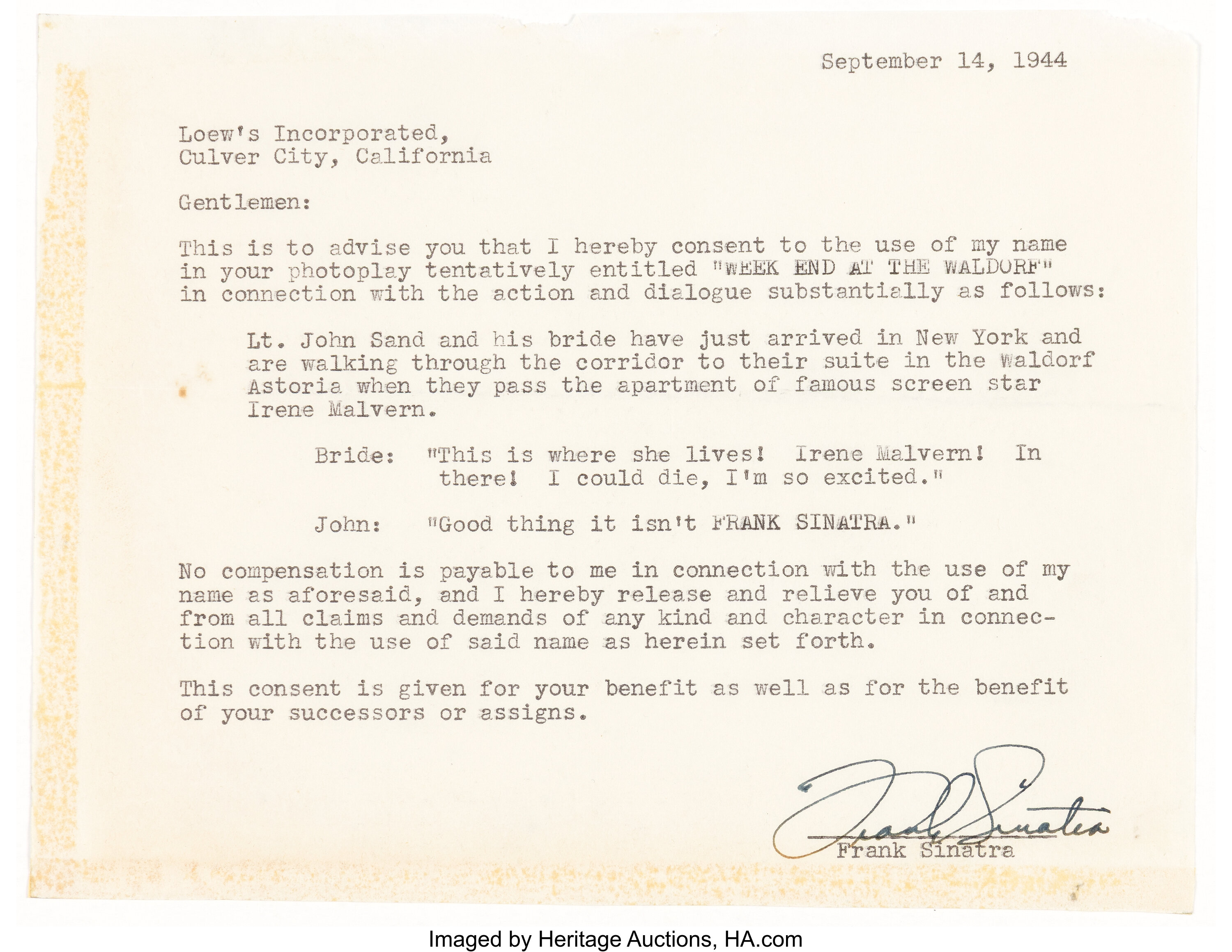 Frank Sinatra Signed Consent Form to Loew's Incorporated, Typed, | Lot ...