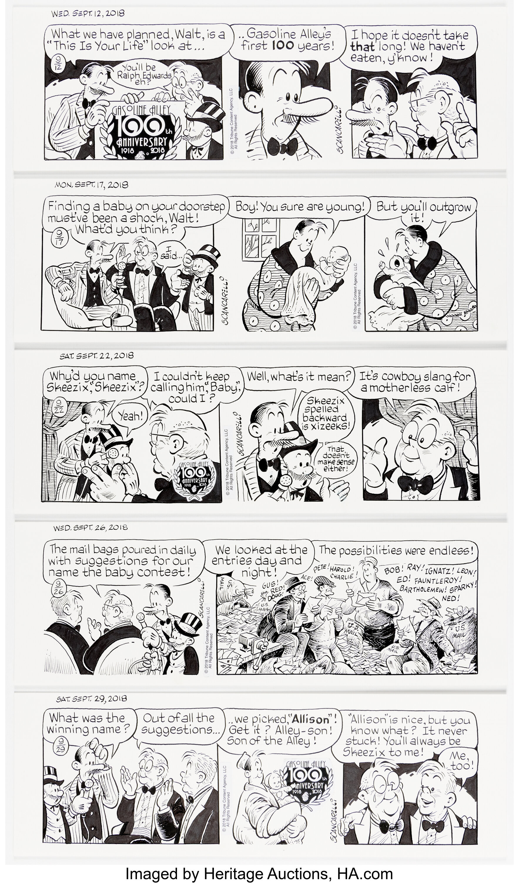 Jim Scancarelli Gasoline Alley Comic Strip Original Art Group of 5 ...