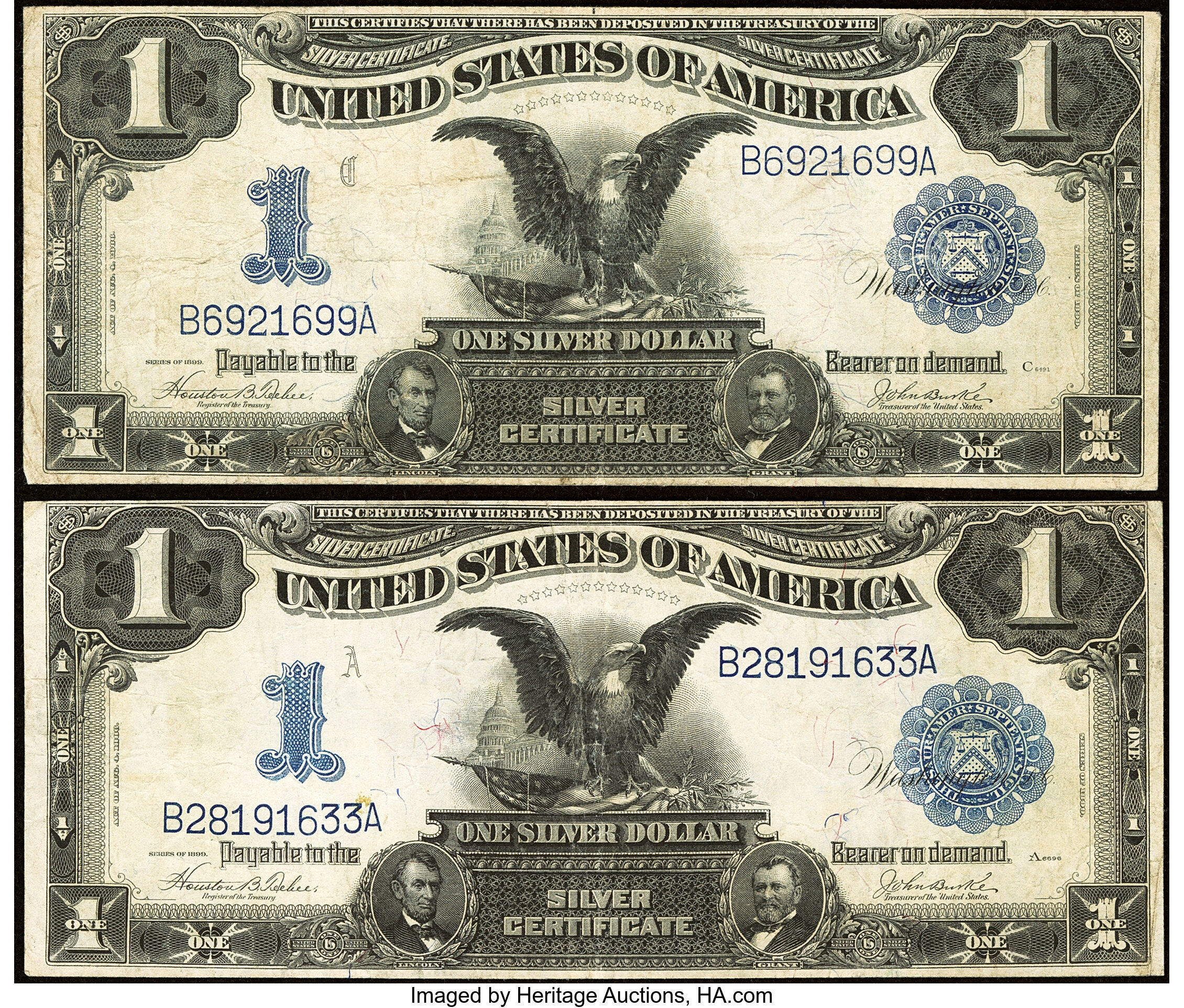 Fr. 233 $1 1899 Silver Certificates Two Examples Fine or better.. | Lot ...