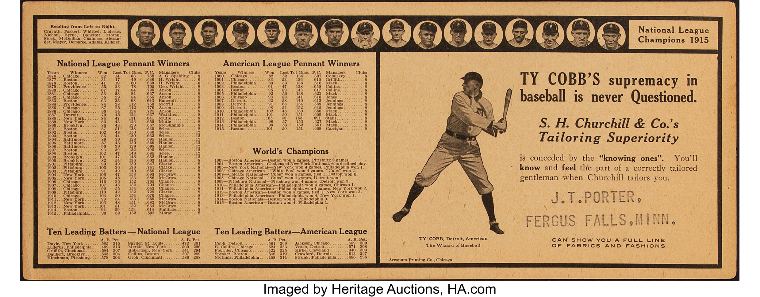 1915 World Series Photographic Advertisement Scorecard With Ty Cobb ...