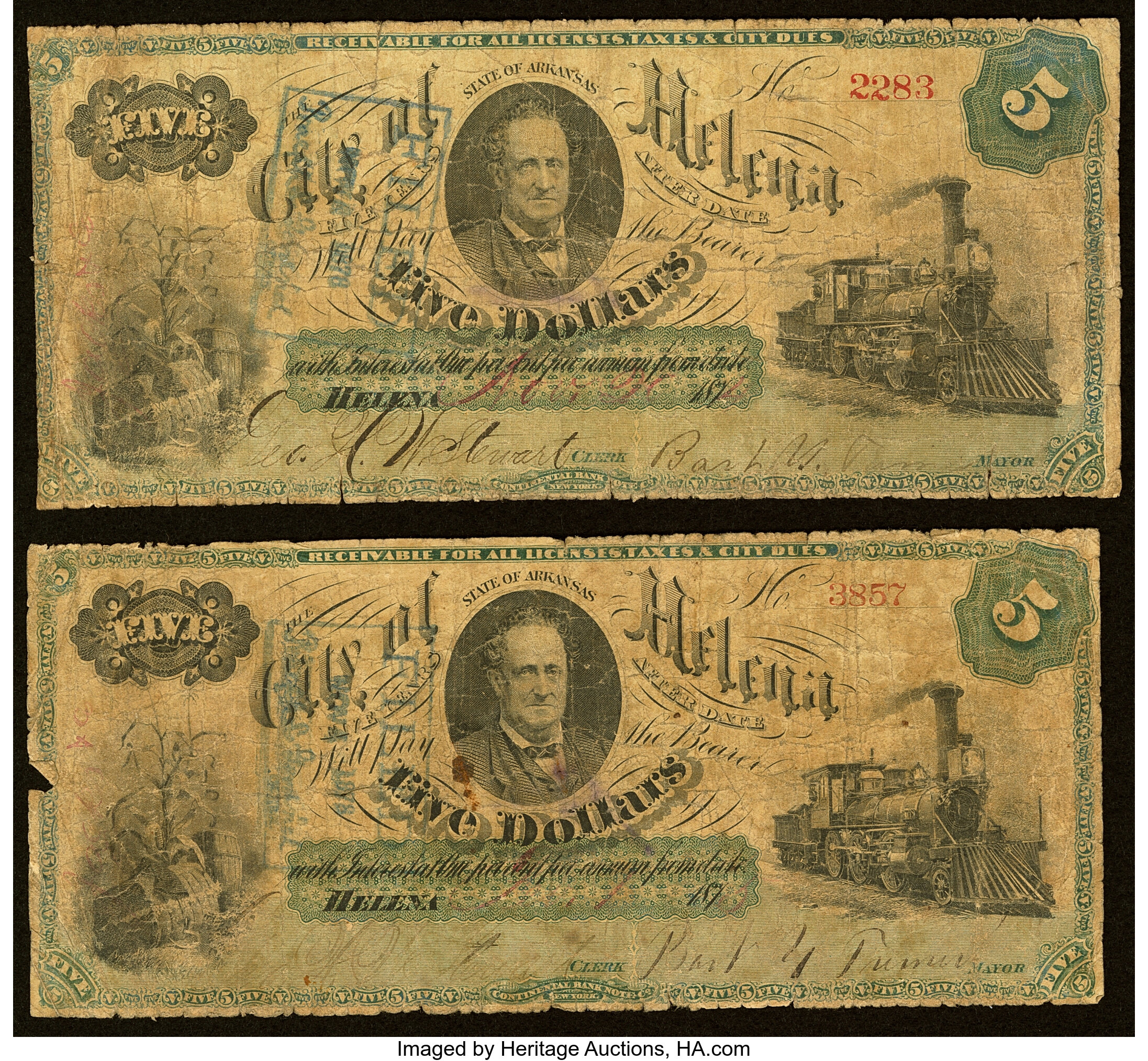 Helena, AR- City of Helena $5 circa 1870s Two Examples Good.. ... | Lot ...