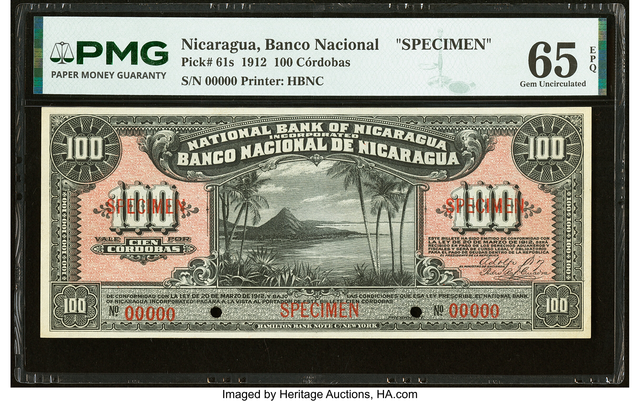 Nicaragua Banco Nacional 100 Cordobas 20.3.1912 Pick 61s Specimen | Lot ...