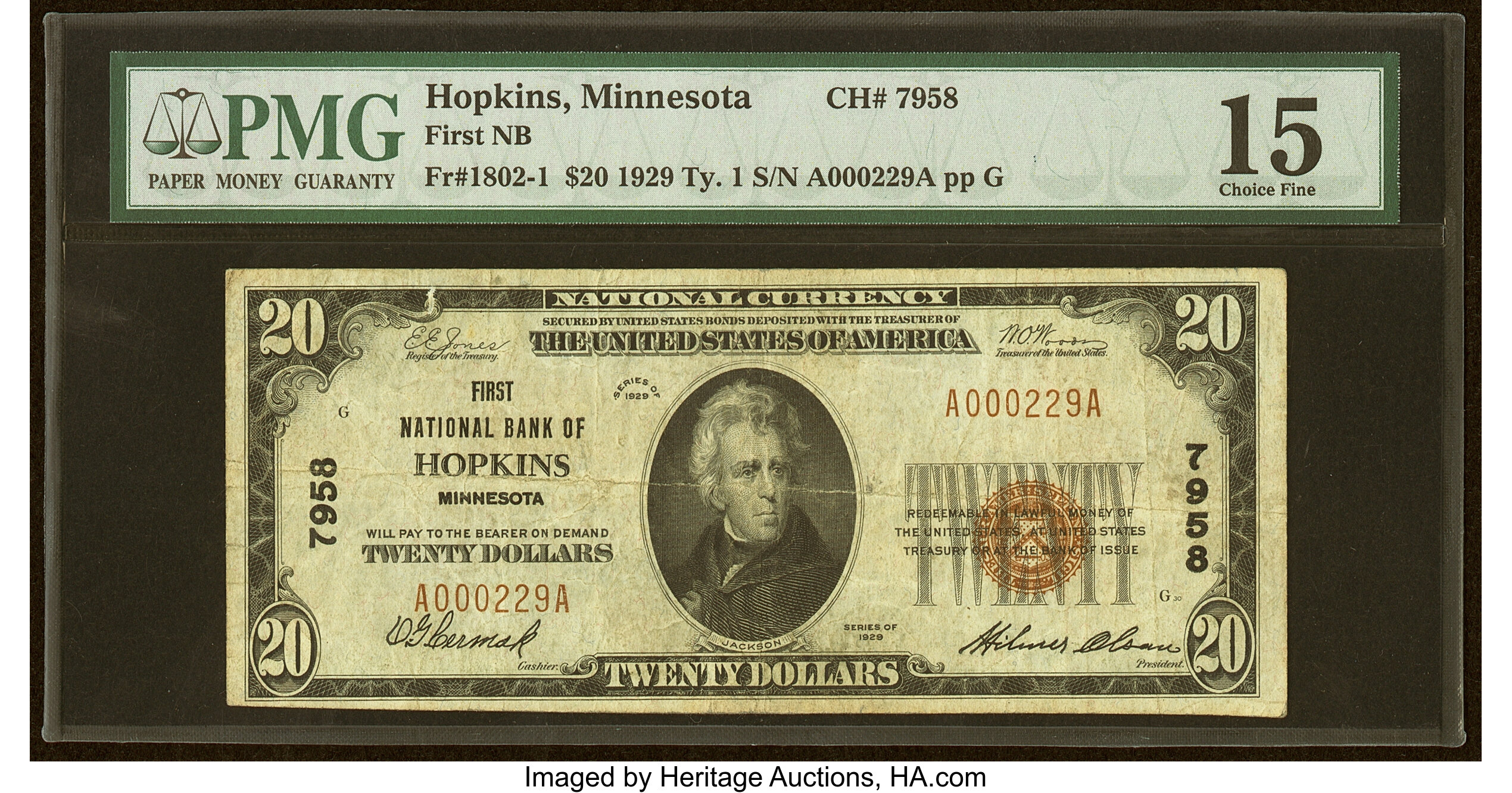Hopkins, MN - $20 1929 Ty. 1 First National Bank Ch. # 7958 PMG | Lot ...