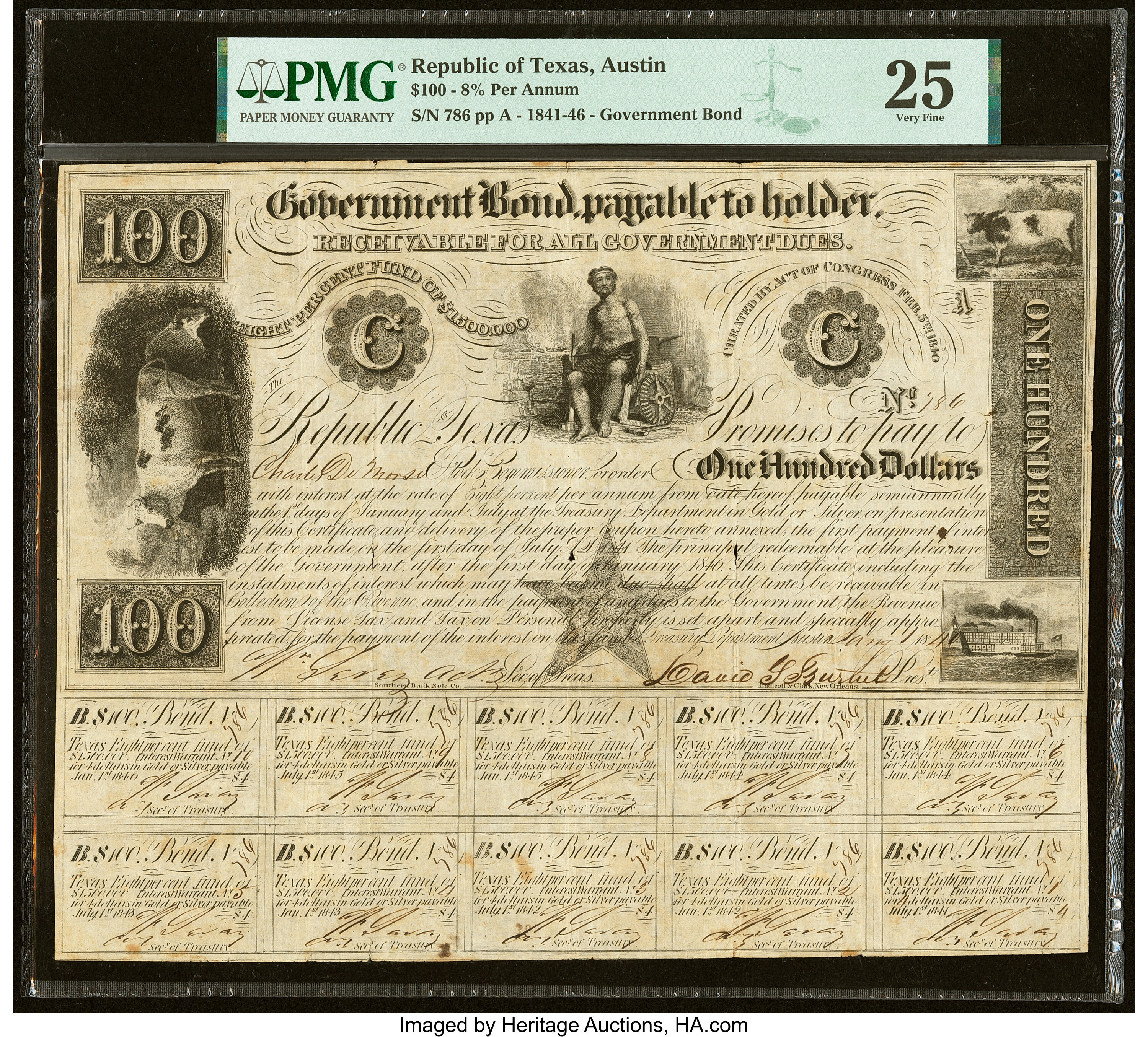 Austin, TX- Republic of Texas Government $100 Bond Jan. 1, 1841 Cr ...