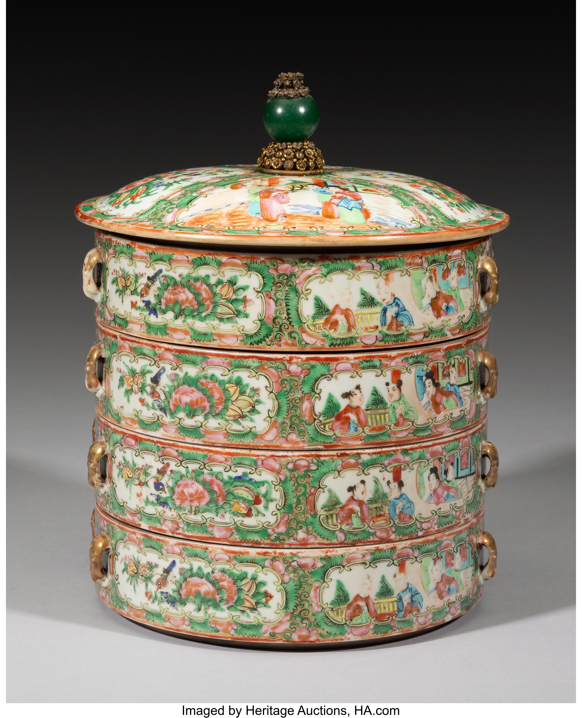 A Chinese Canton Rose Medallion Four-Tier Stacking Box. Marks: Made ...