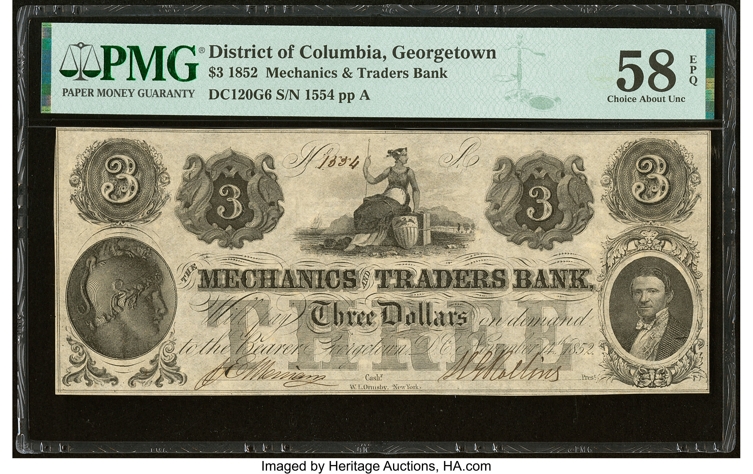 Georgetown, DC-Mechanics and Traders Bank $3 Nov. 14, 1852 G6 PMG | Lot ...