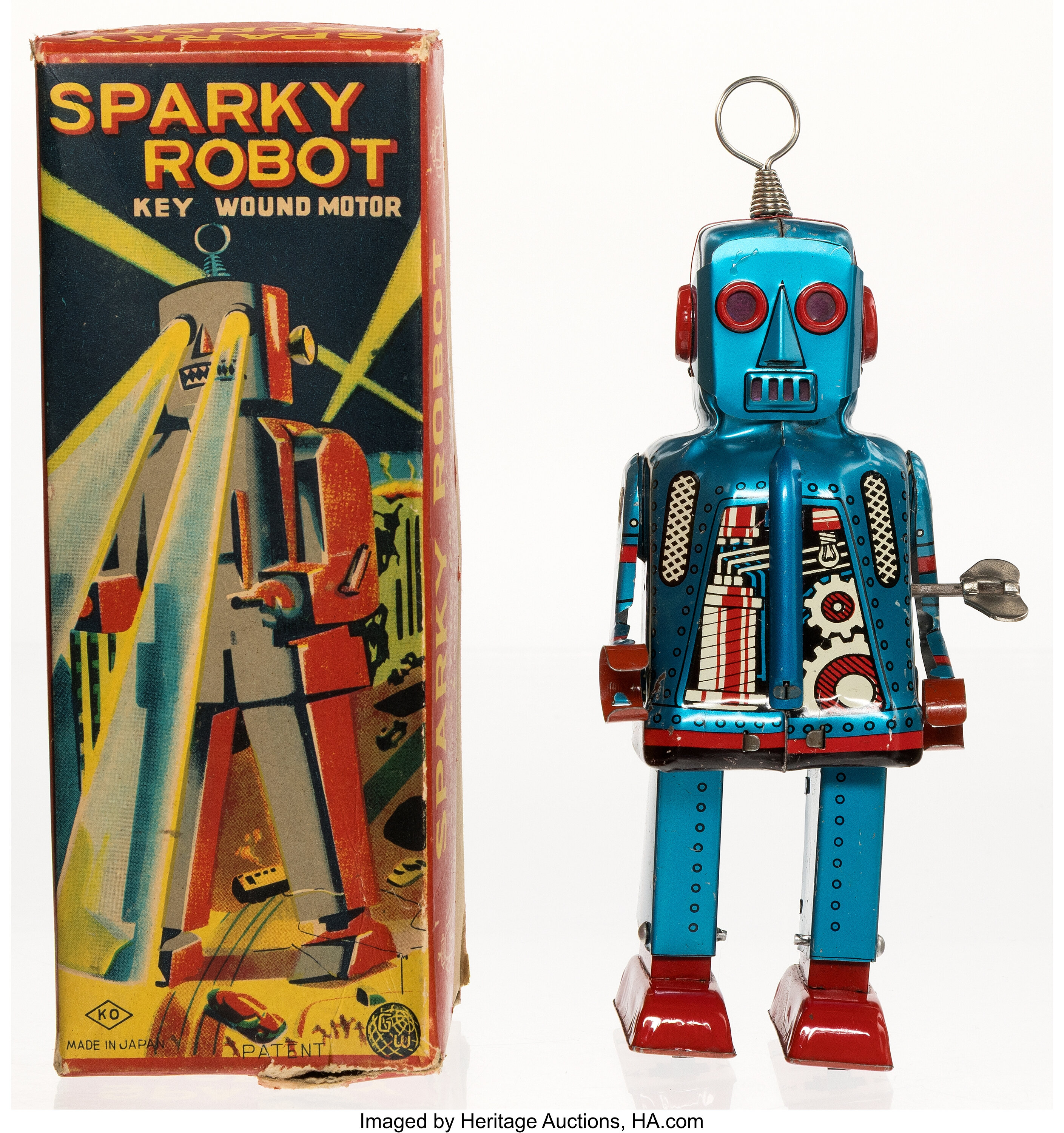 Yoshiya Sparky Robot (Blue) Wind-Up Tin Robot with Original Box | Lot ...