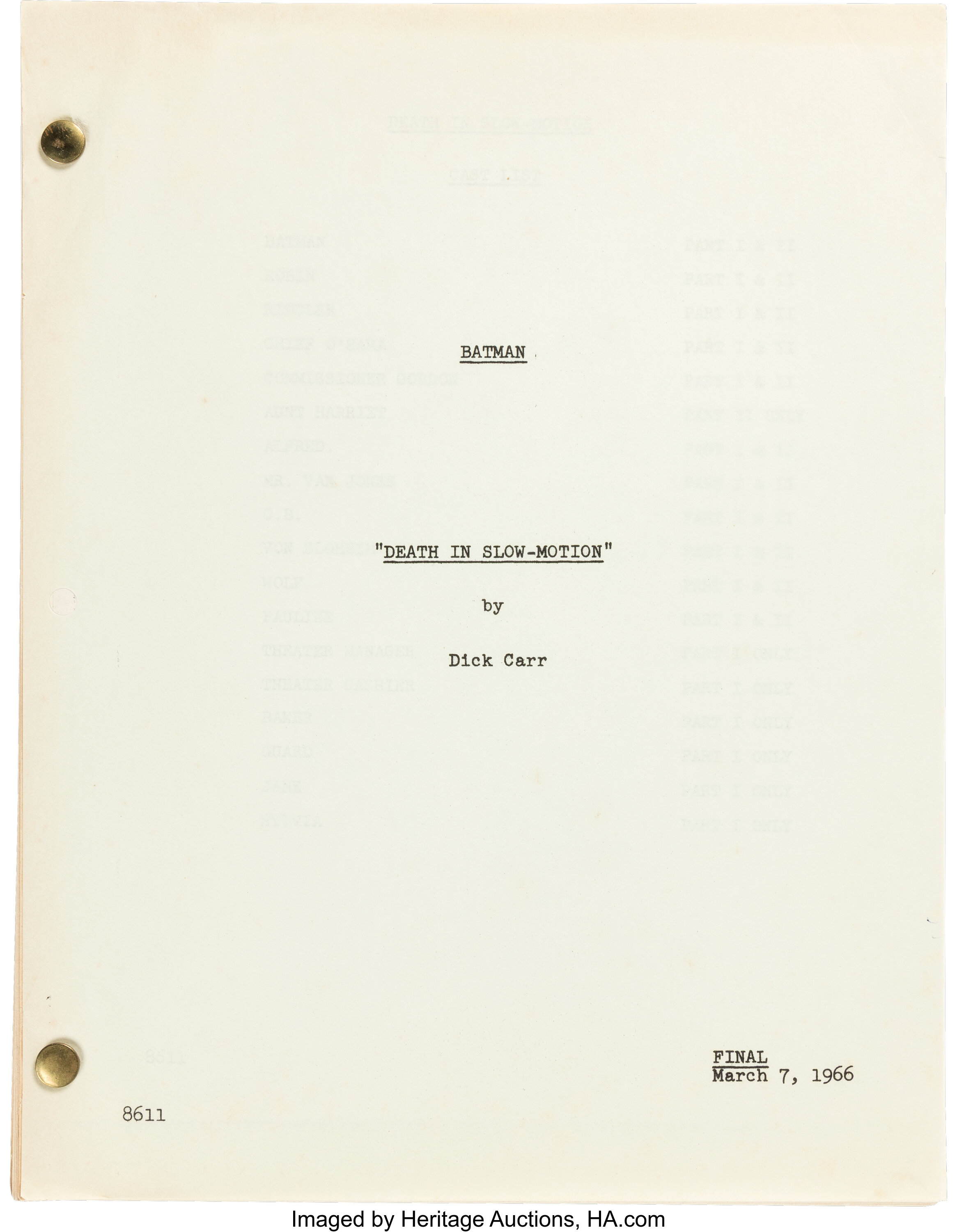 Batman (TCF TV, 1966-1968), Final Draft Script from Episodes "Death ...