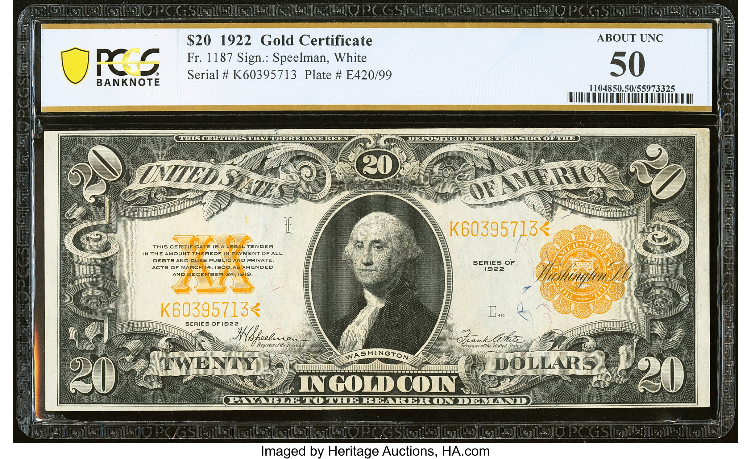 Fr. 1187 $20 1922 Gold Certificate PCGS Banknote About Unc 50 ...