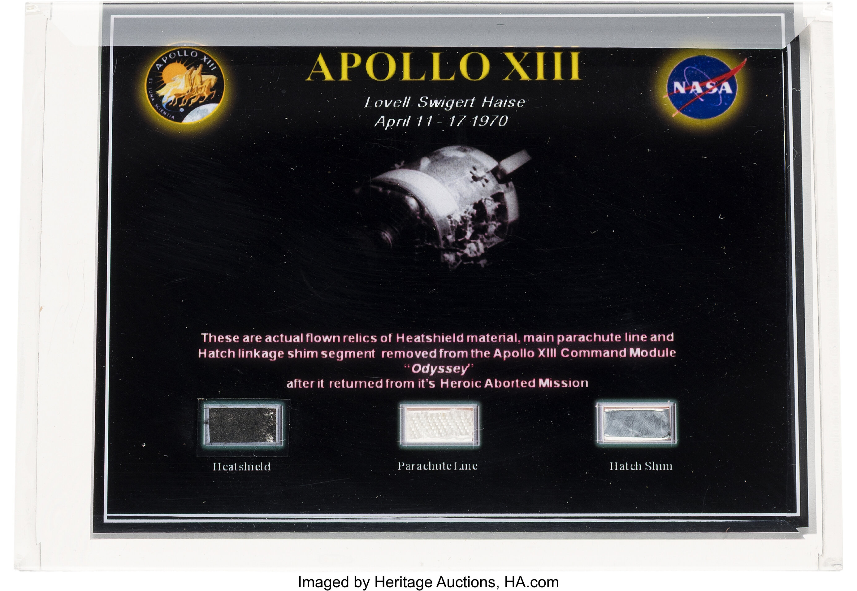 Apollo 13 Command Module Odyssey Flown Parachute Line, Heat Shield ...