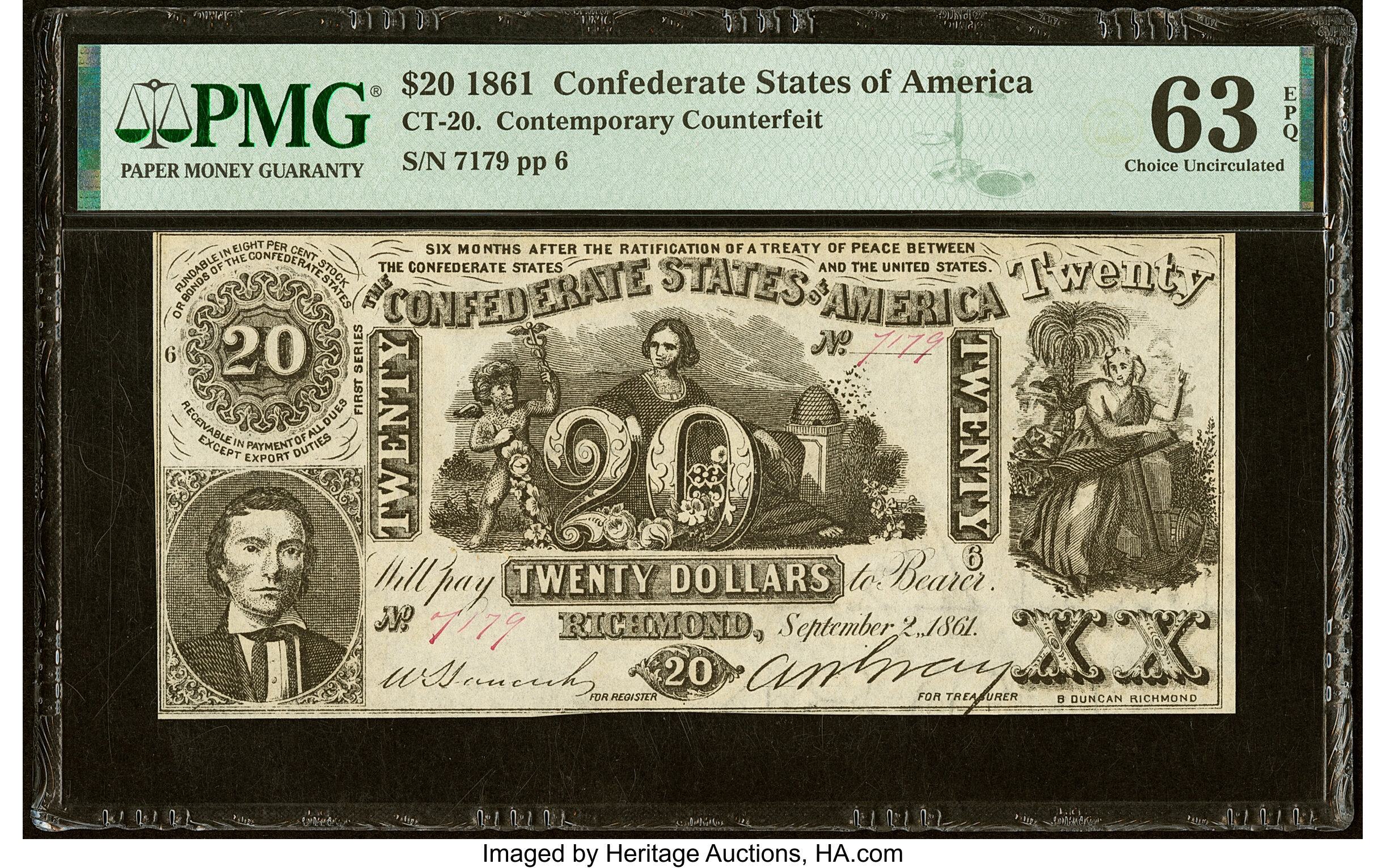 CT20/141D Counterfeit $20 1861 PMG Choice Uncirculated 63 EPQ ...