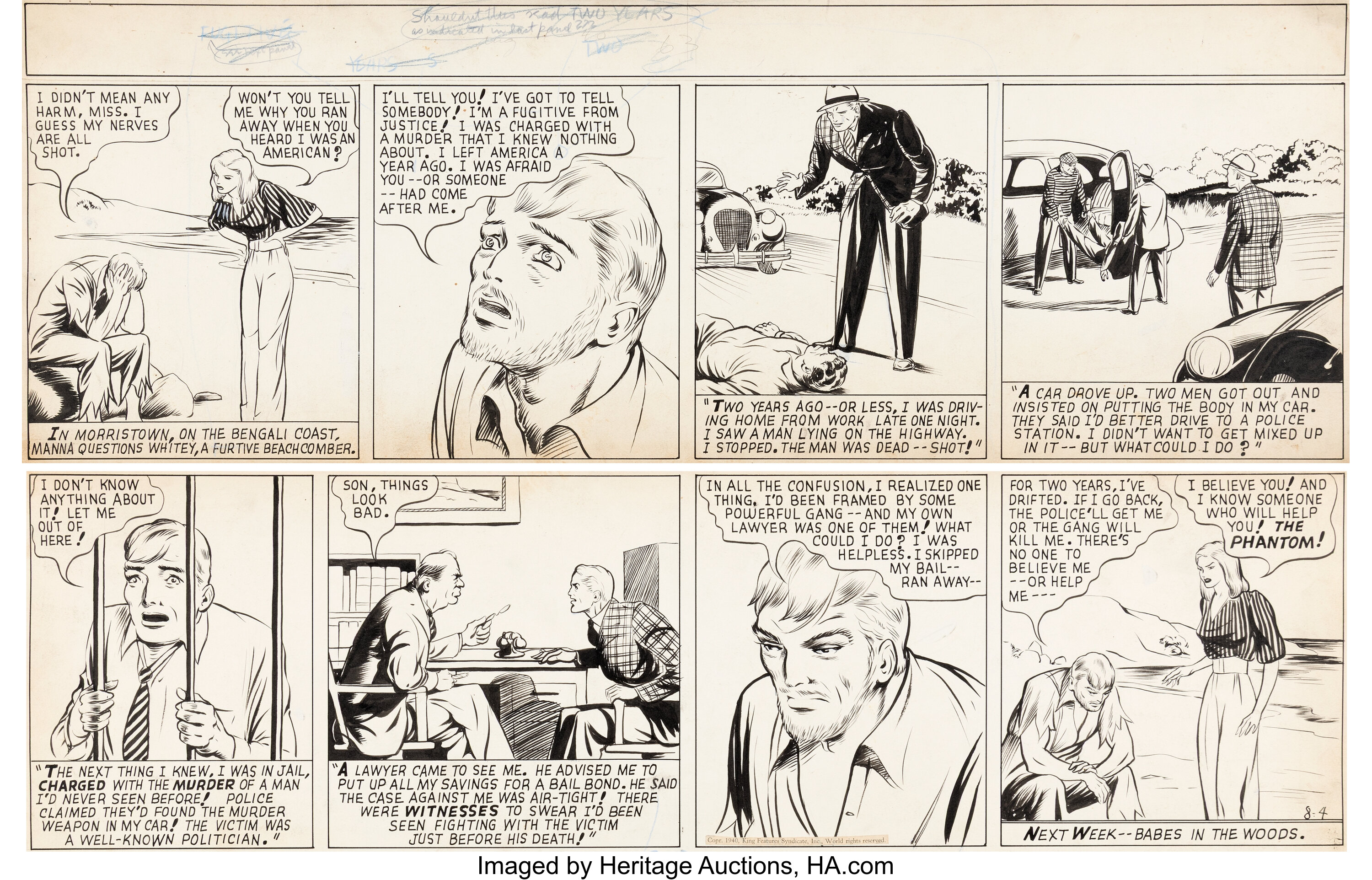 Ray Moore The Phantom Sunday Comic Strip Original Art dated 8-4-40 ...