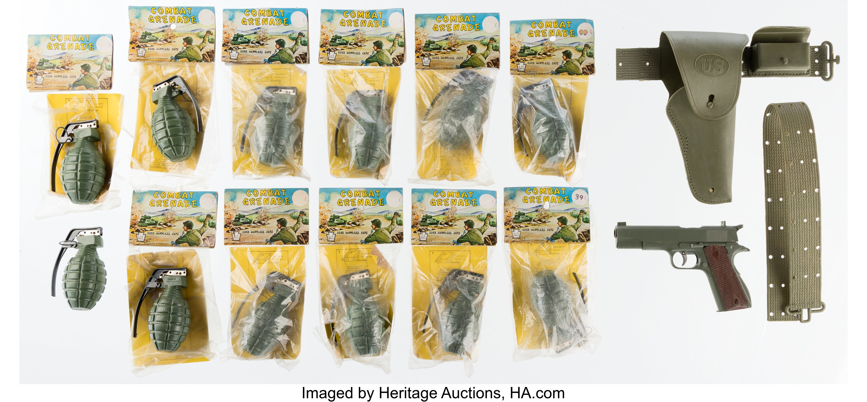 Toy Pistol, Holster Rig, and Twelve Combat Grenade Group (Marx and ...