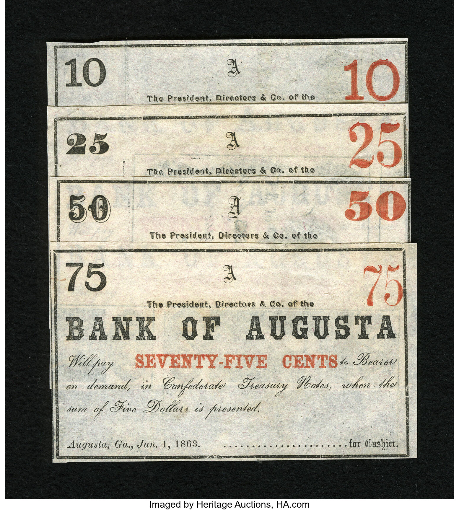 Augusta, GA- Bank of Augusta 10¢; 25¢; 50¢; 75¢ Jan. 1, 1863 ...
