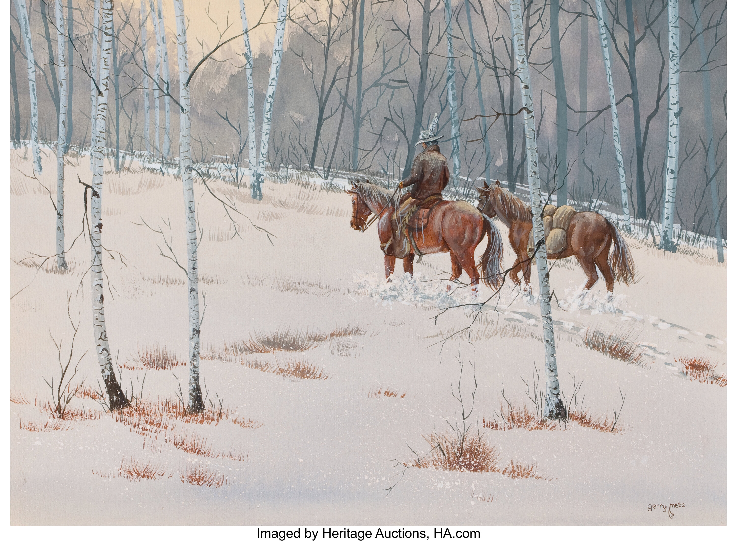 GERRY METZ (American, b. 1943). Looking for Game. Gouache on | Lot ...