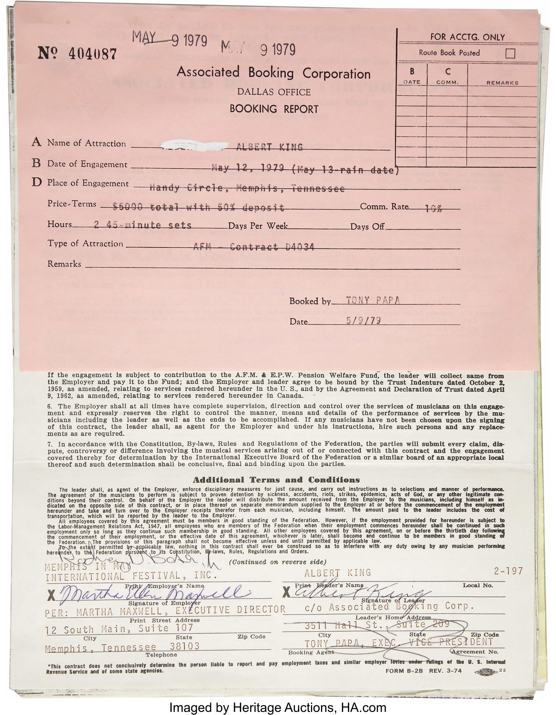 Albert King Signed Contract. A booking contract dated May 9, 1979 ...