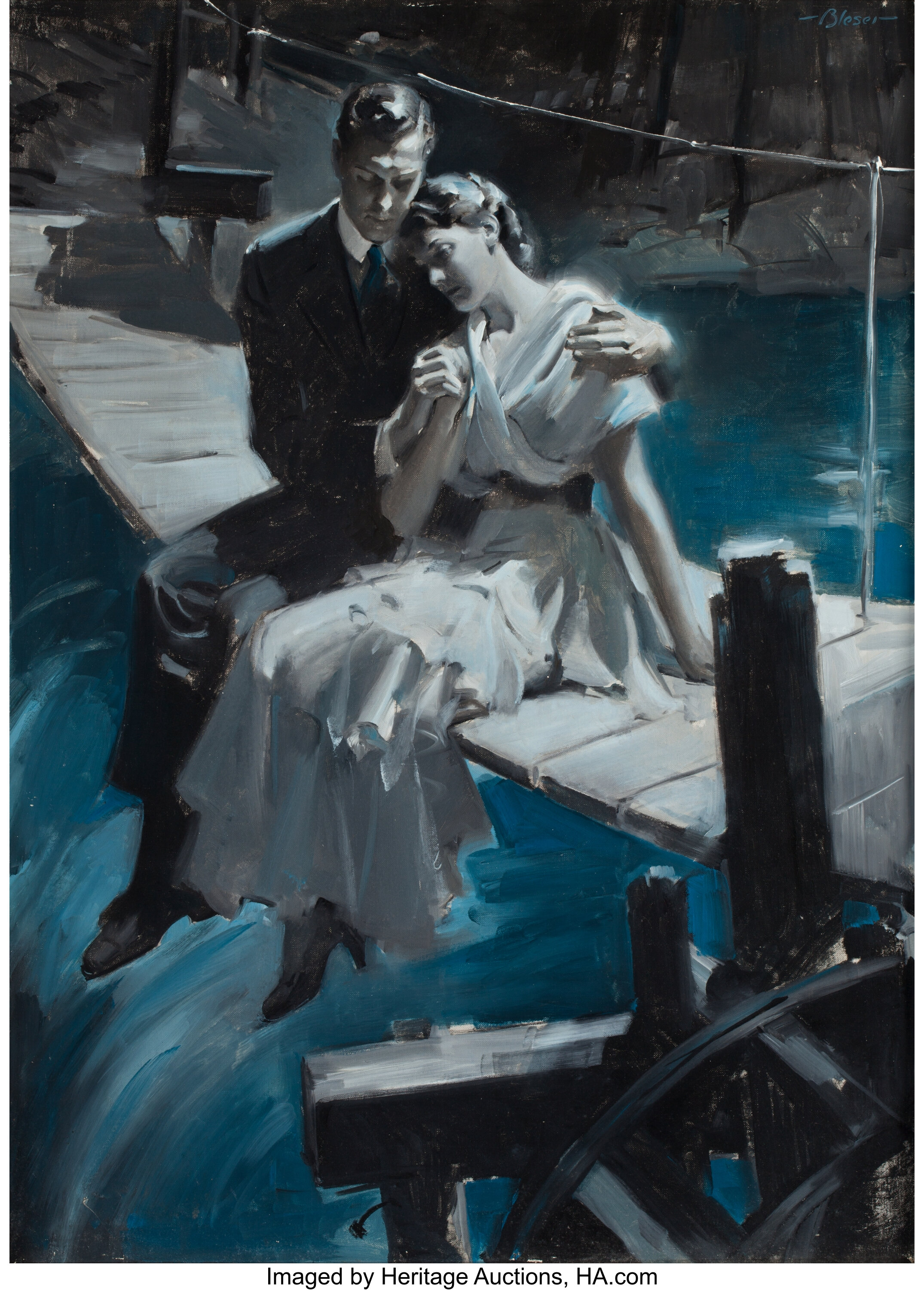 AUGUST BLESER JR. (American, 1898-1966). Night Bridge. Oil on | Lot ...