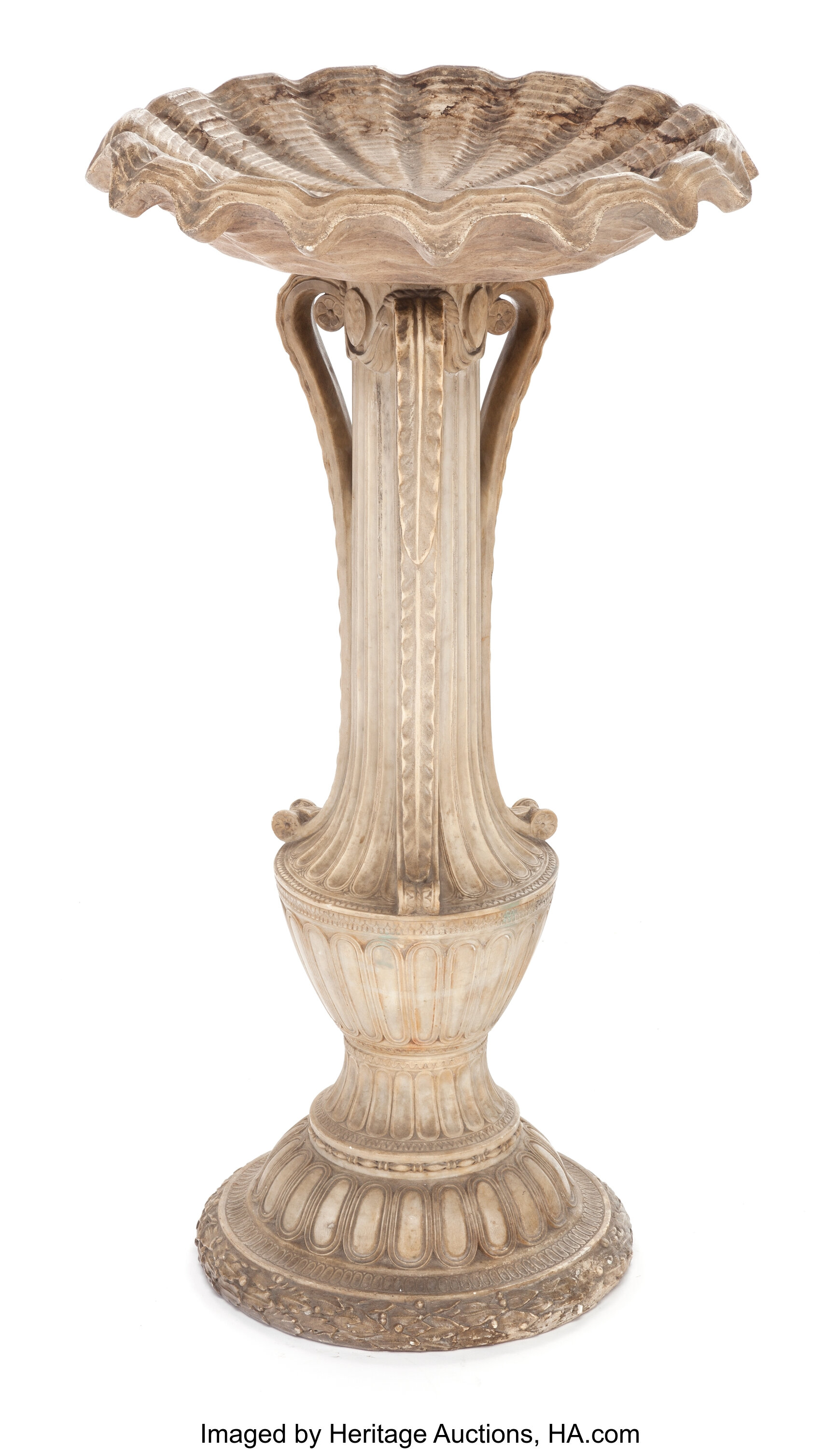 A MARBLE SHELL-FORM BIRD BATH WITH VASIFORM STANDARD. 20th century ...