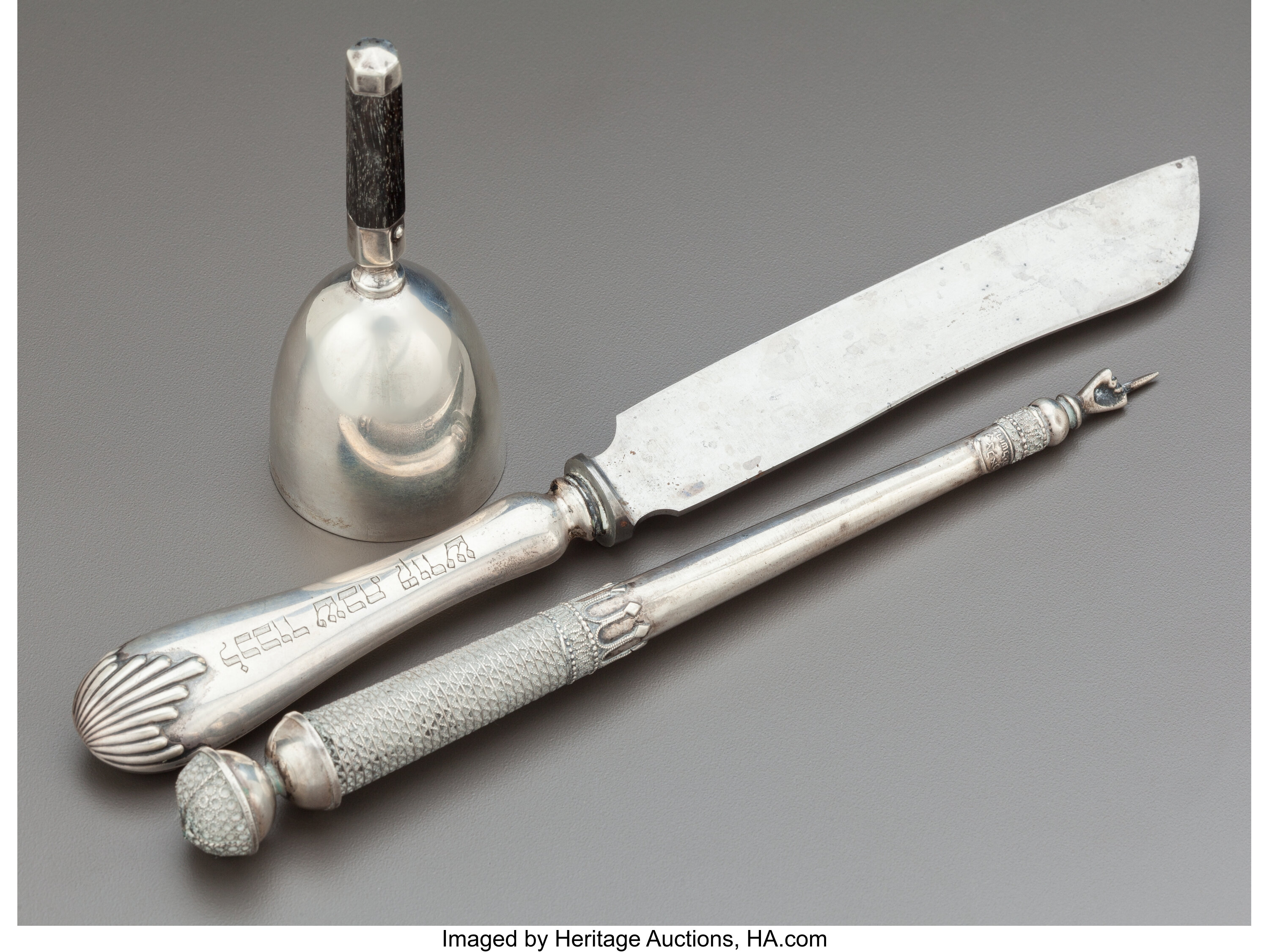 A GERMAN SILVER BELL BY JAKOB GRIMMINGER, TOGETHER WITH A YAD TORAH ...
