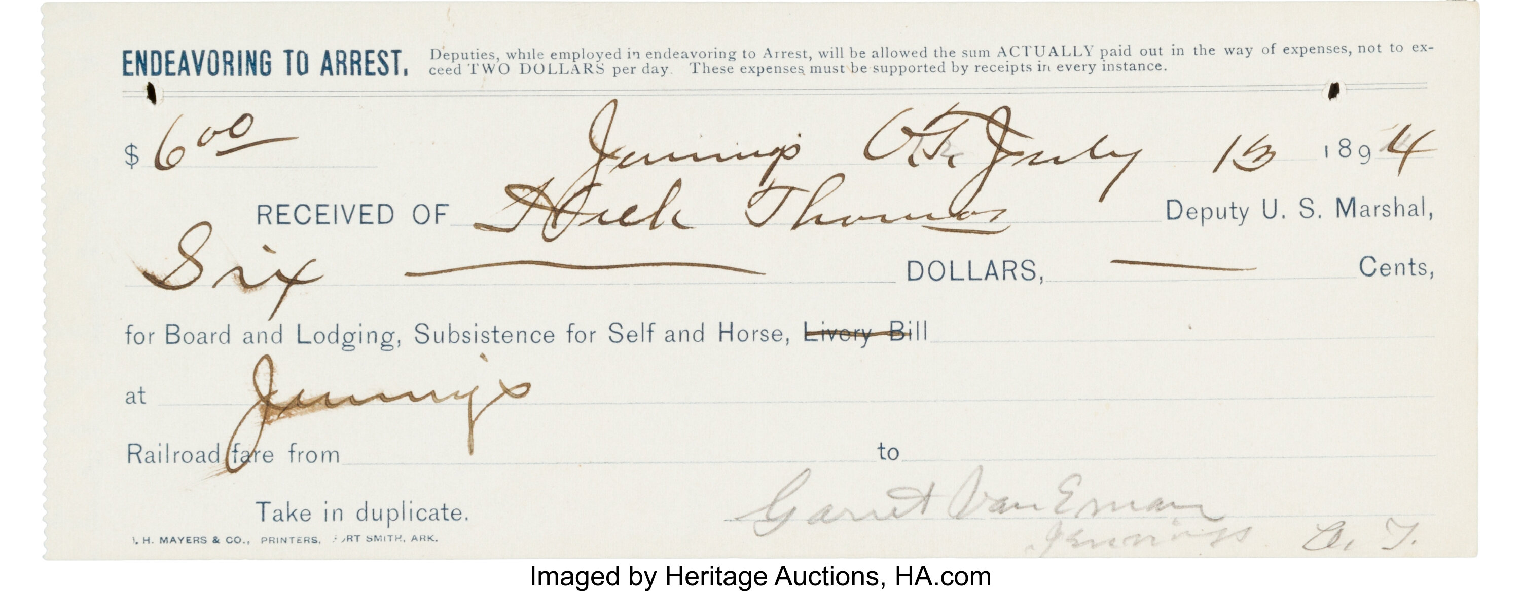 Henry "Heck" Thomas Document Signed.... Autographs Celebrities | Lot ...