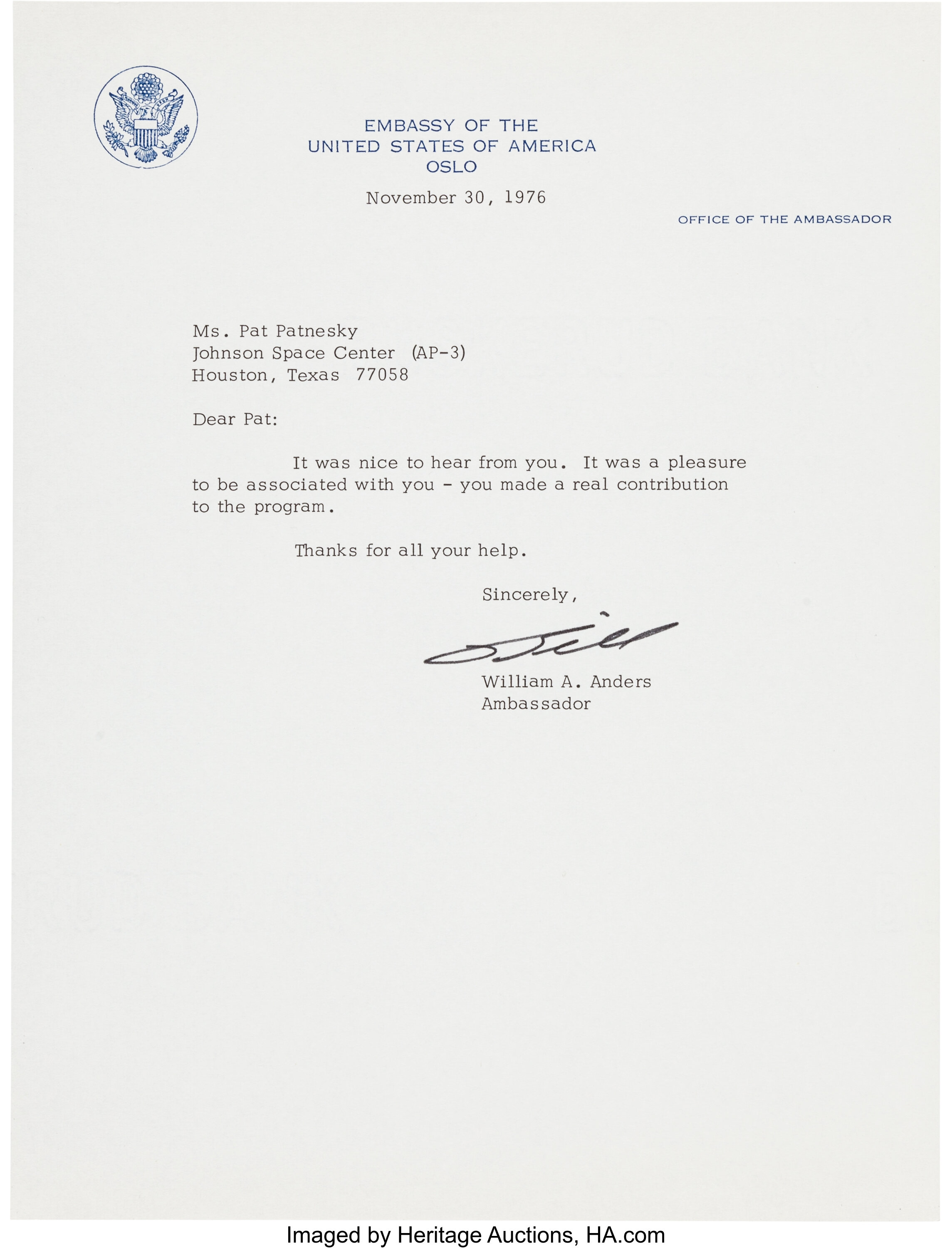 Bill Anders Typed Letter Signed. ... Space Exploration | Lot #40138 ...