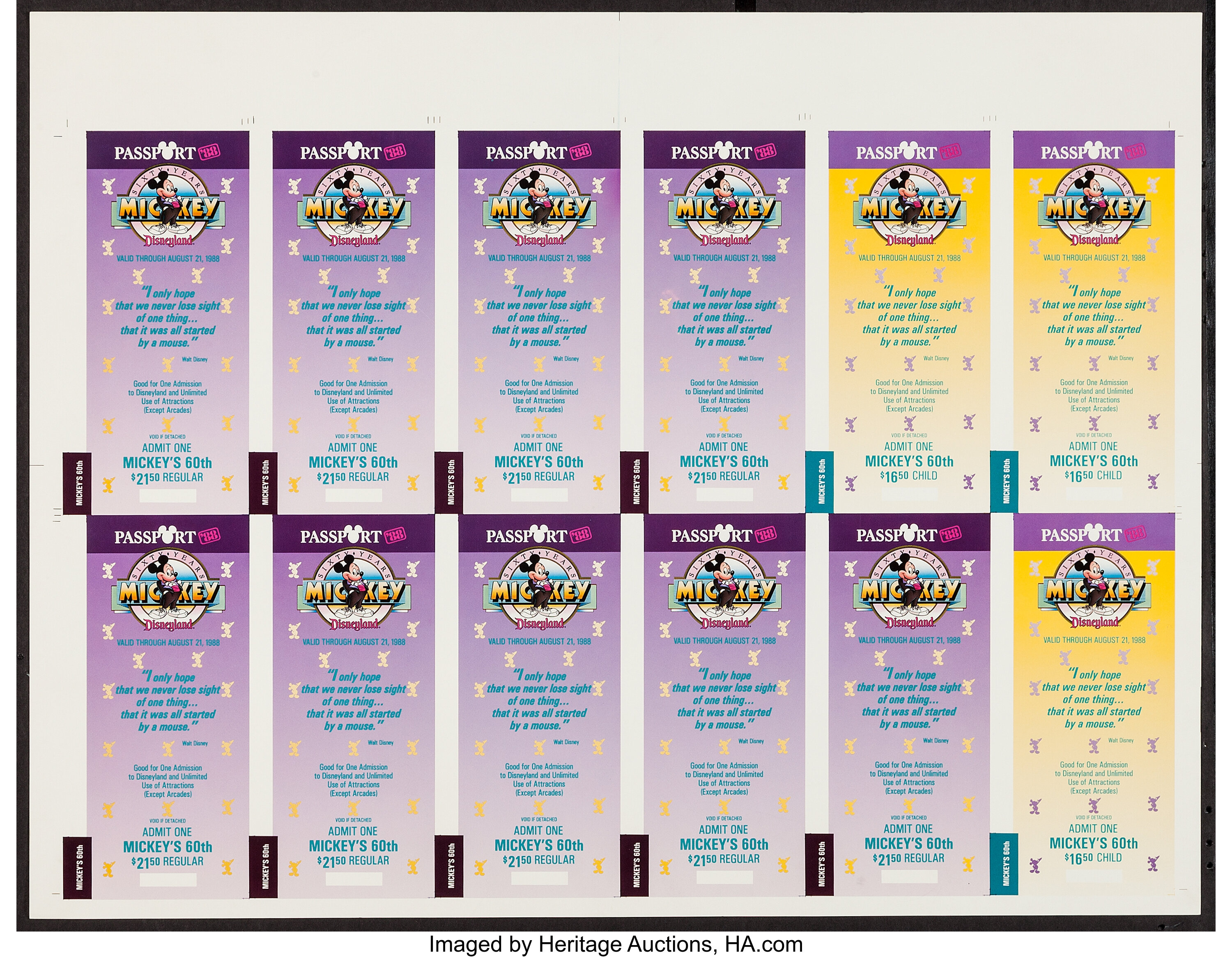 Disneyland Passport Admission Lot (Disney, 1987-1988). Uncut Sheet ...