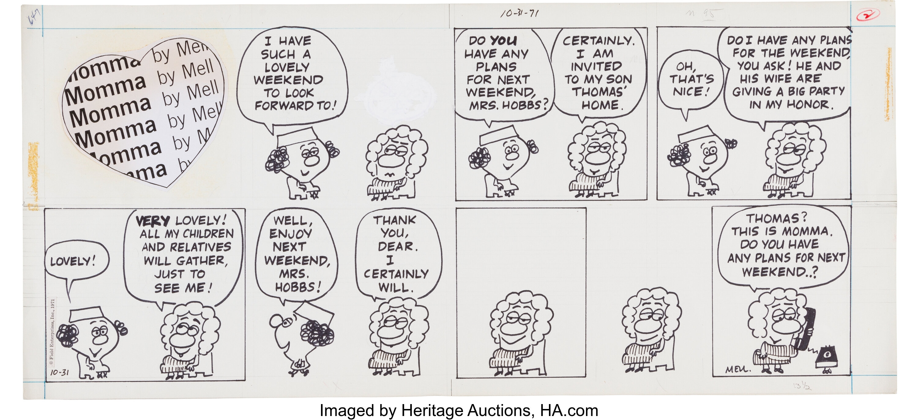 Mell Lazarus Momma Sunday Comic Strip Original Art dated 10-31-71 | Lot ...