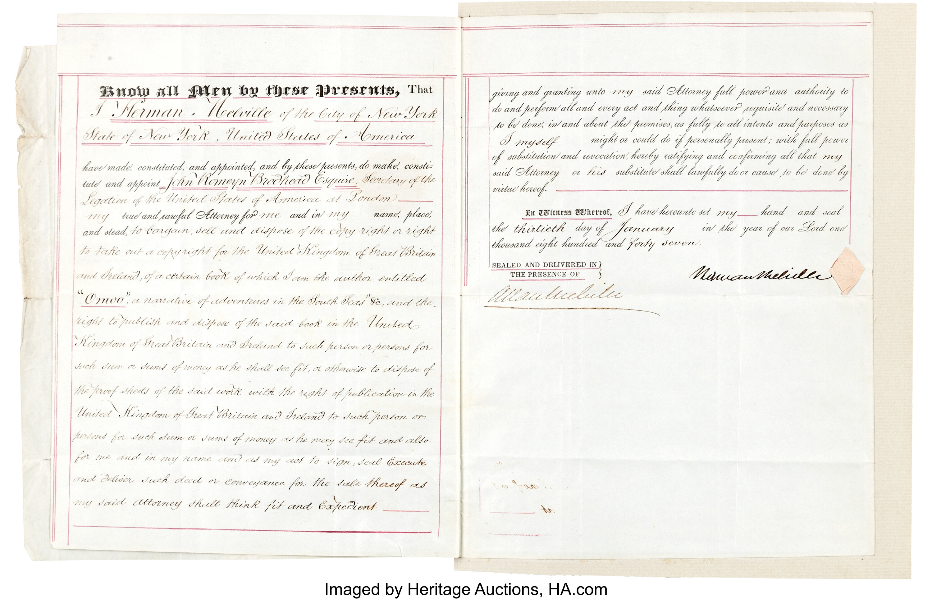 Herman Melville Letter of Attorney Signed... Autographs Authors | Lot ...