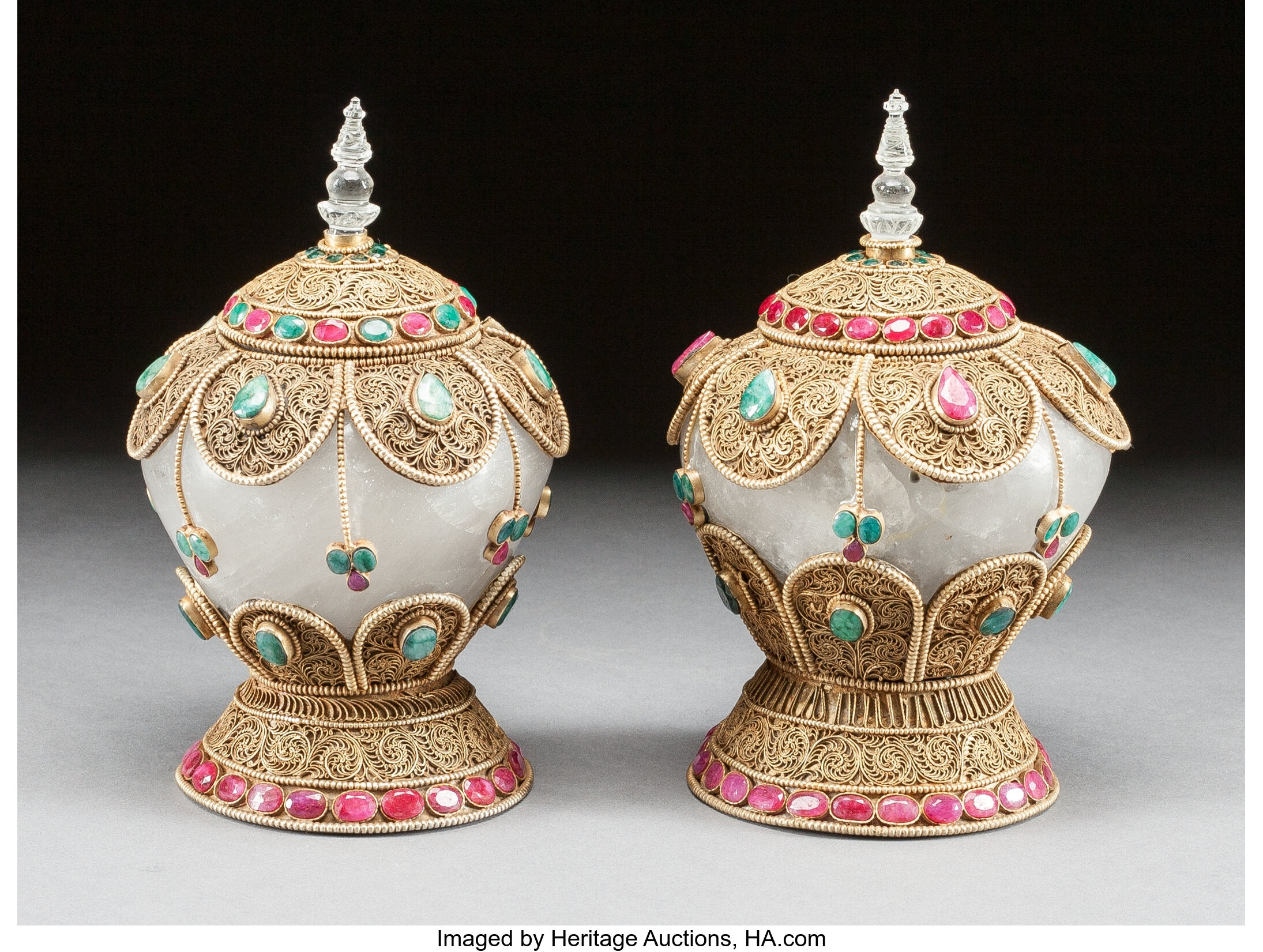 A NEAR PAIR OF ROCK CRYSTAL COVERED POTS WITH FILIGREE METAL WORK | Lot ...