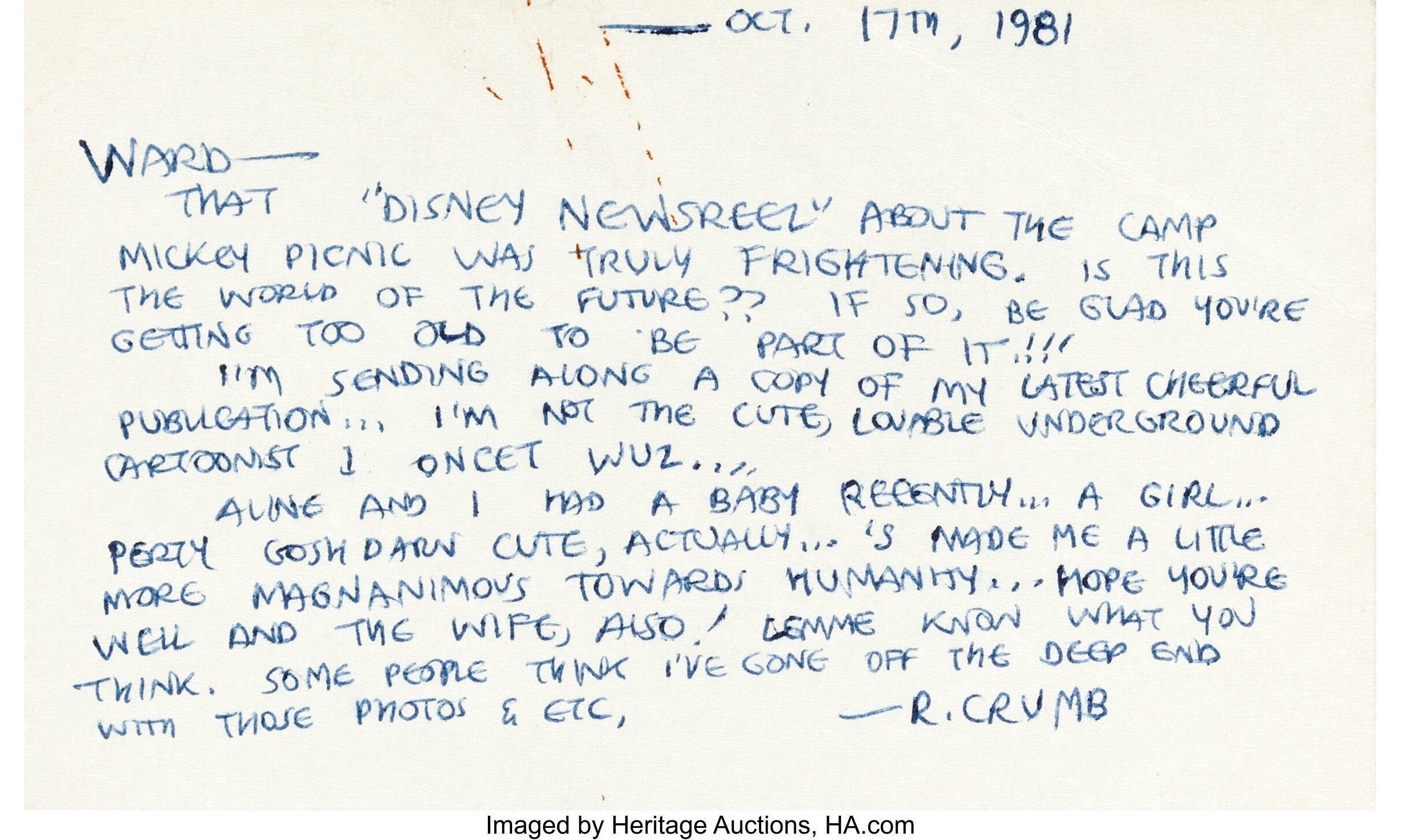 Robert Crumb Hand-Lettered Note Card to Ward Kimball (1981).... | Lot ...
