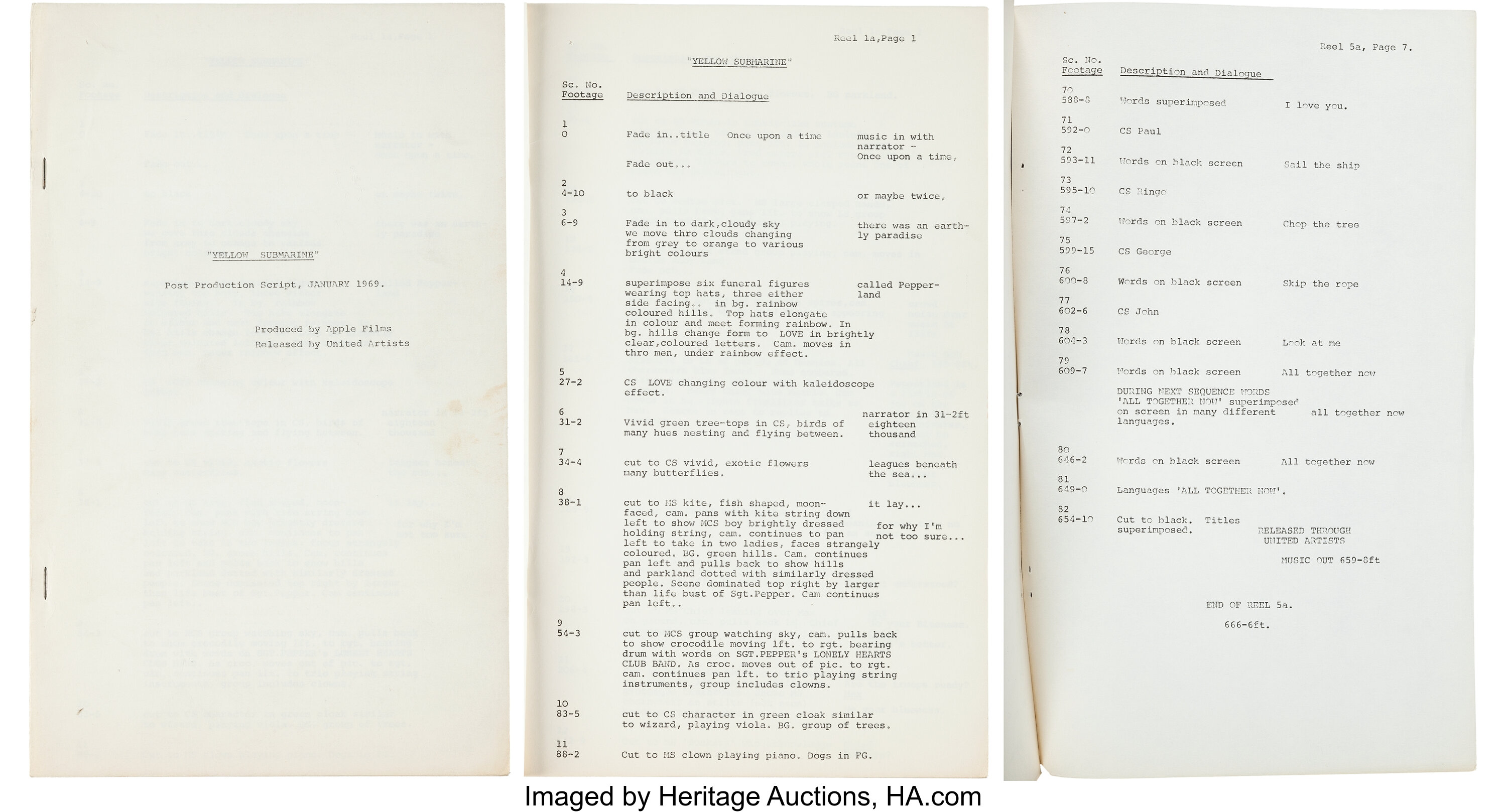Beatles Yellow Submarine Script (Apple, 1969). ... Music | Lot #46310 ...