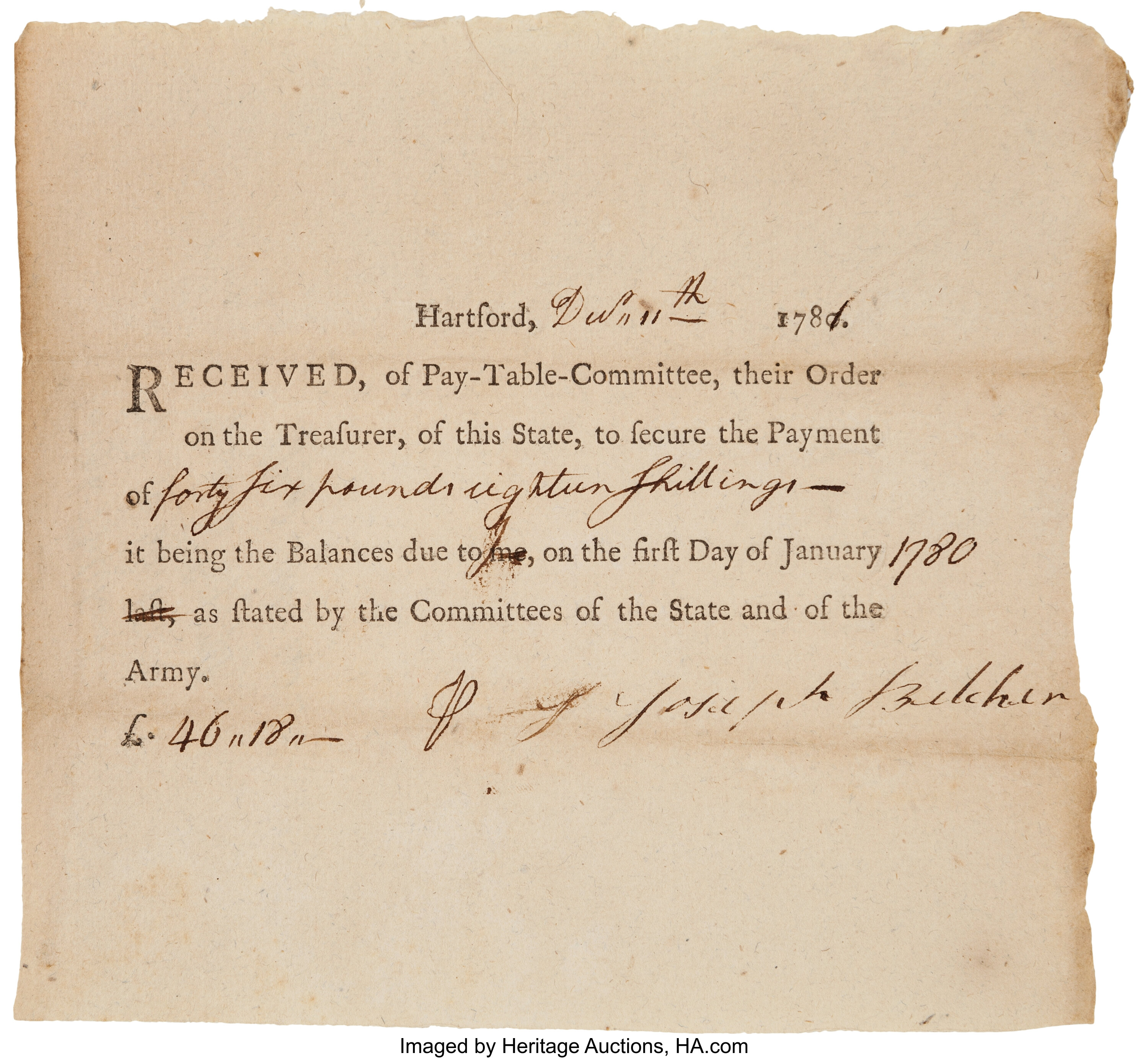 [Revolutionary War]. Joseph Belcher Document Signed.... Autographs ...