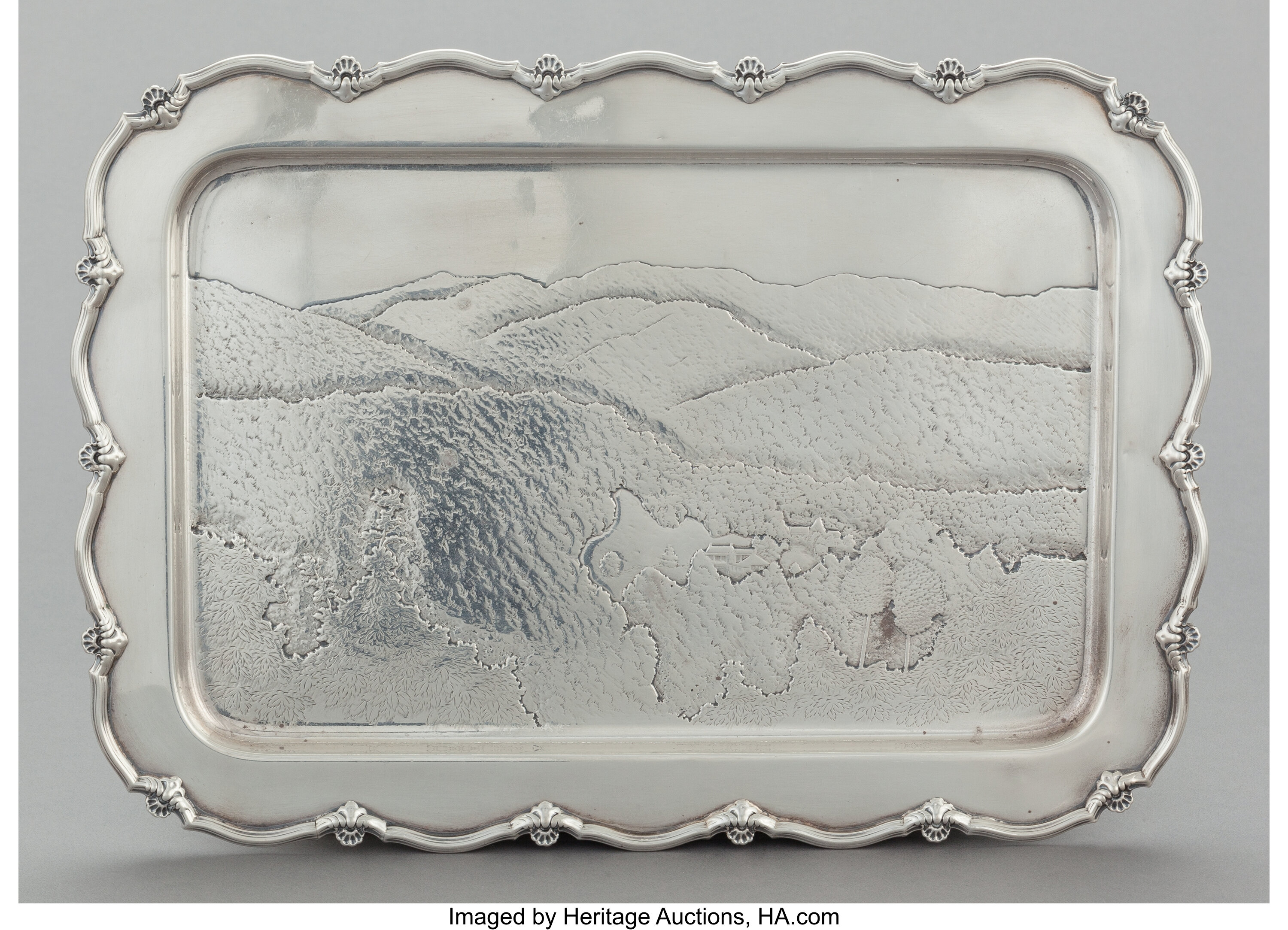A GORHAM SILVER ACID ETCHED PRESENTATION TRAY. Gorham Manufacturing ...