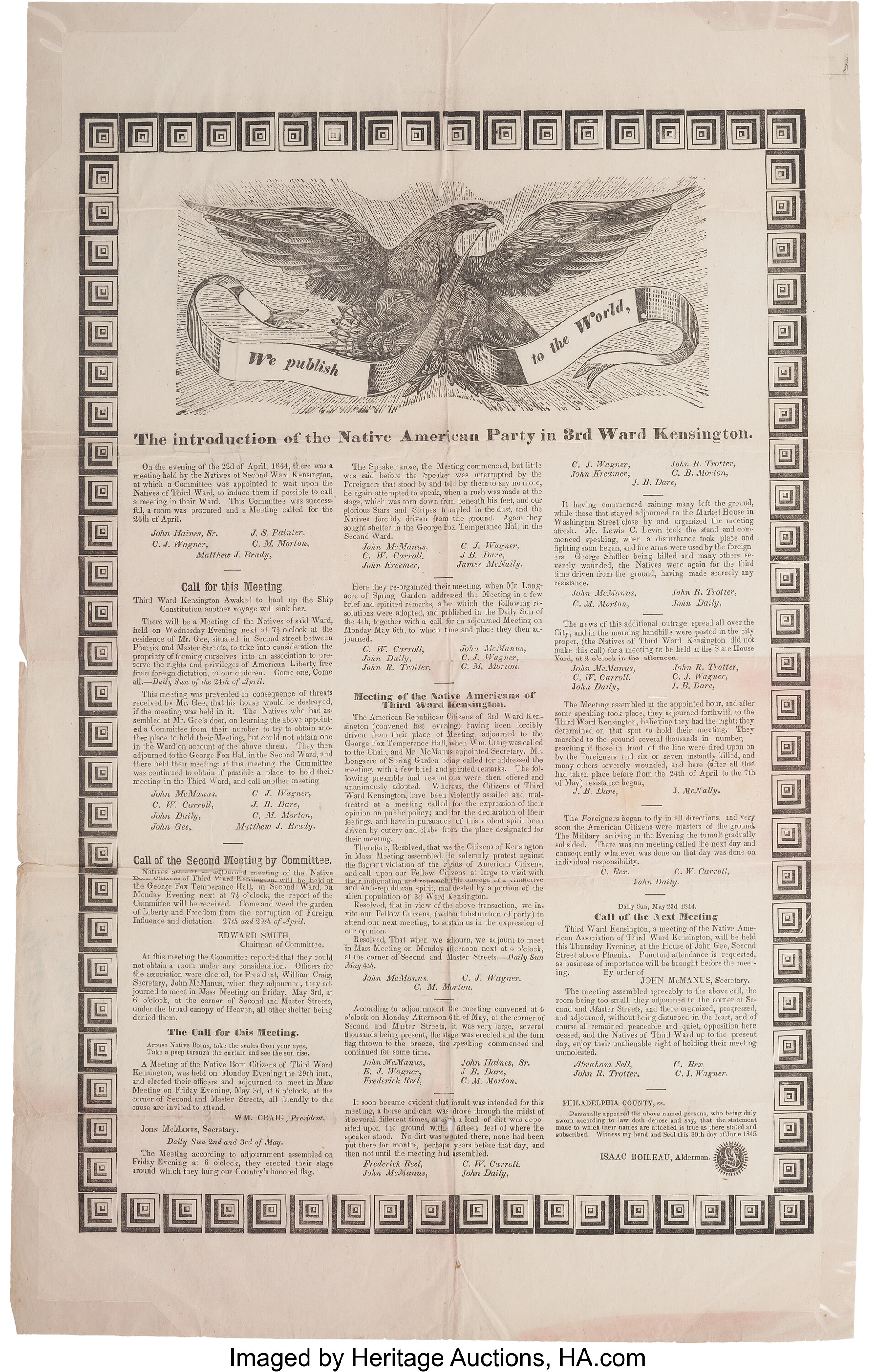 Native American Party: 1845 Philadelphia Broadside.... Political | Lot ...