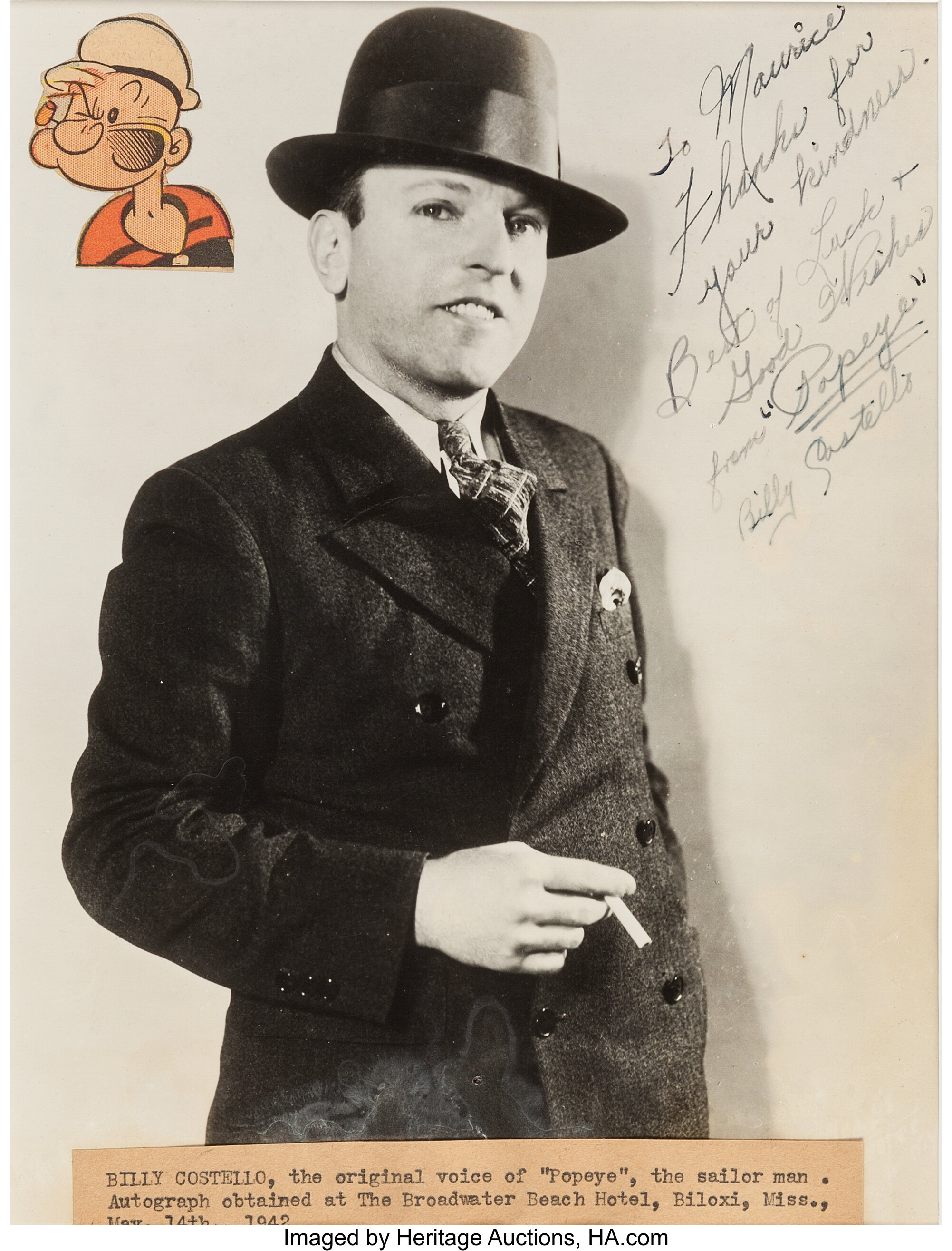 Billy Costello Popeye Voice Actor Signed Photograph (1942).... | Lot ...