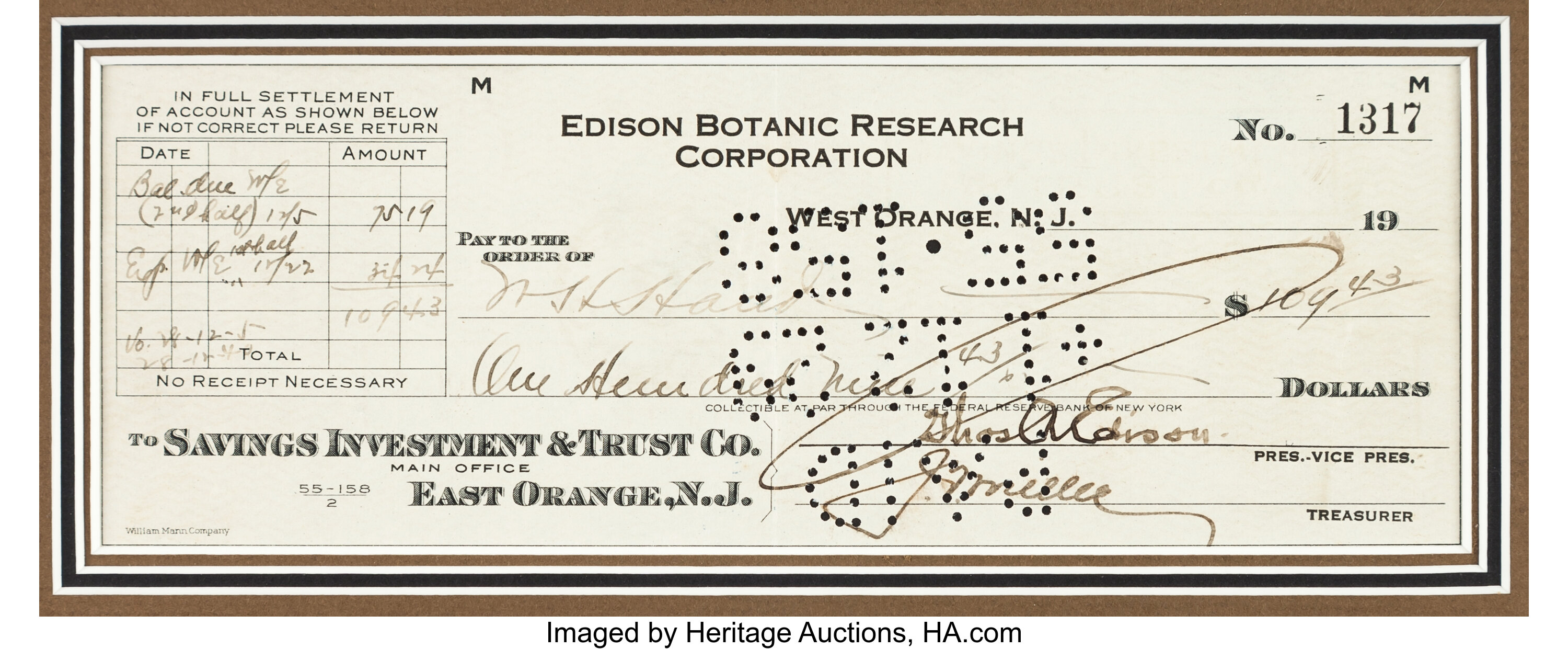 Thomas Edison Check Signed... Autographs Inventors | Lot #49400 ...