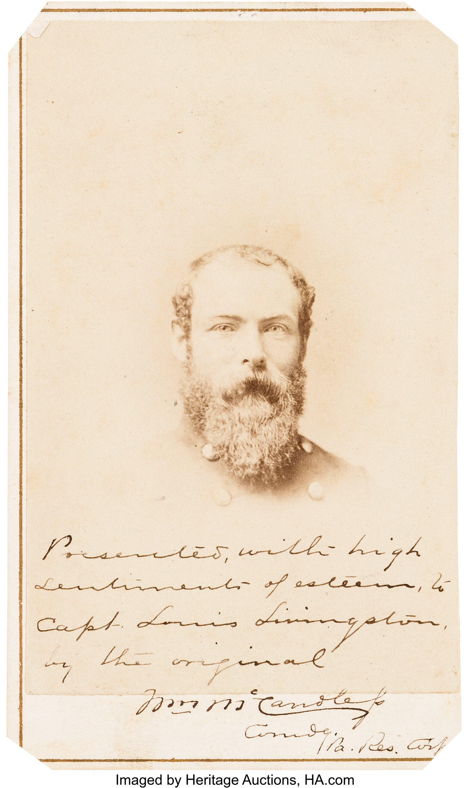 Union Colonel William "Buck" McCandless Inscribed Albumen Carte de ...