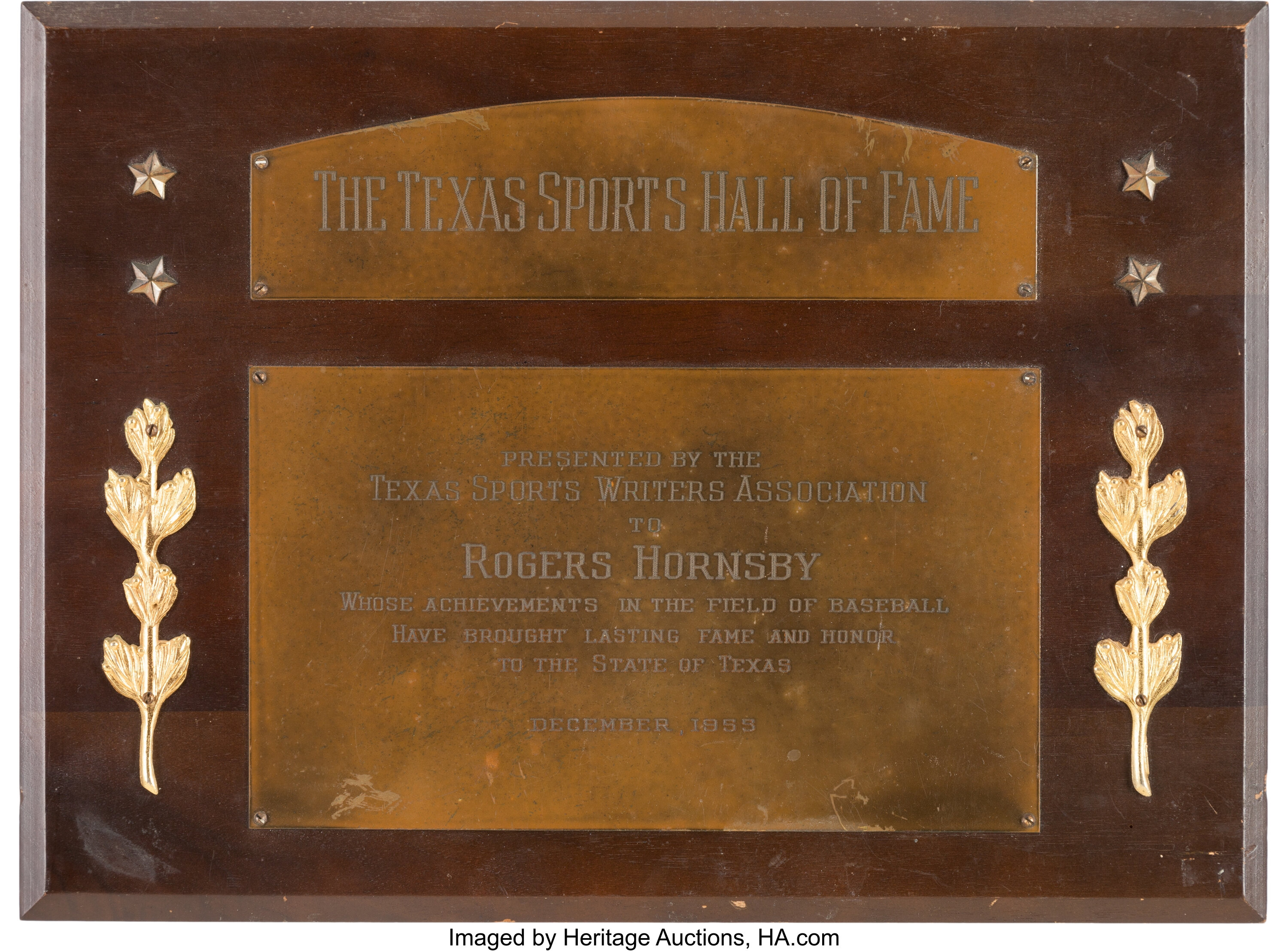 1955 Rogers Hornsby Texas Sports Hall of Fame Plaque with Family | Lot ...