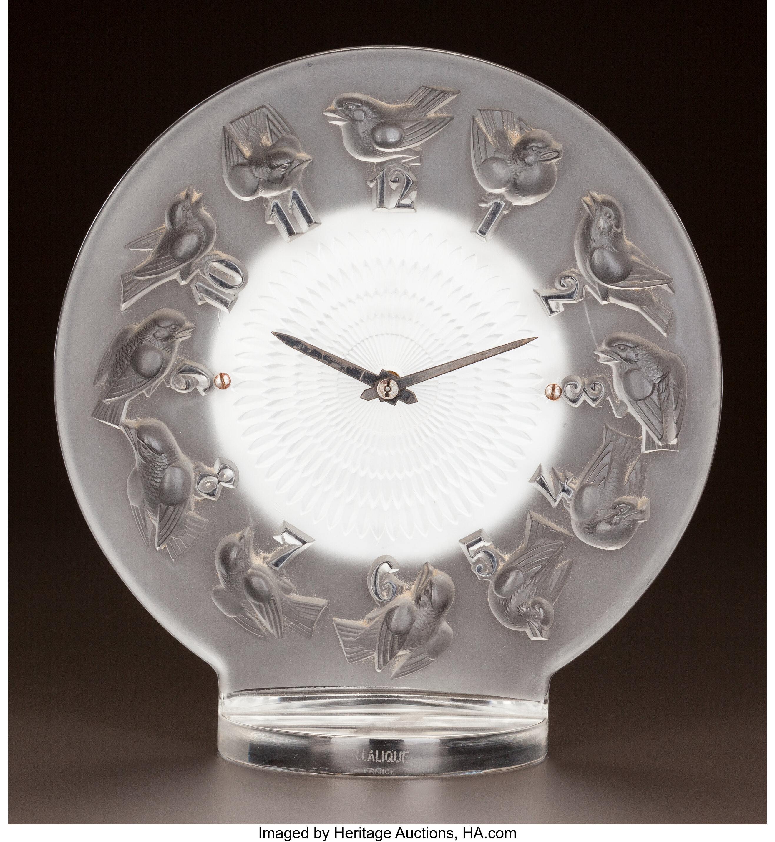 R. LALIQUE CLEAR AND FROSTED GLASS ROSSIGNOLS CLOCK. Circa 1931. | Lot ...
