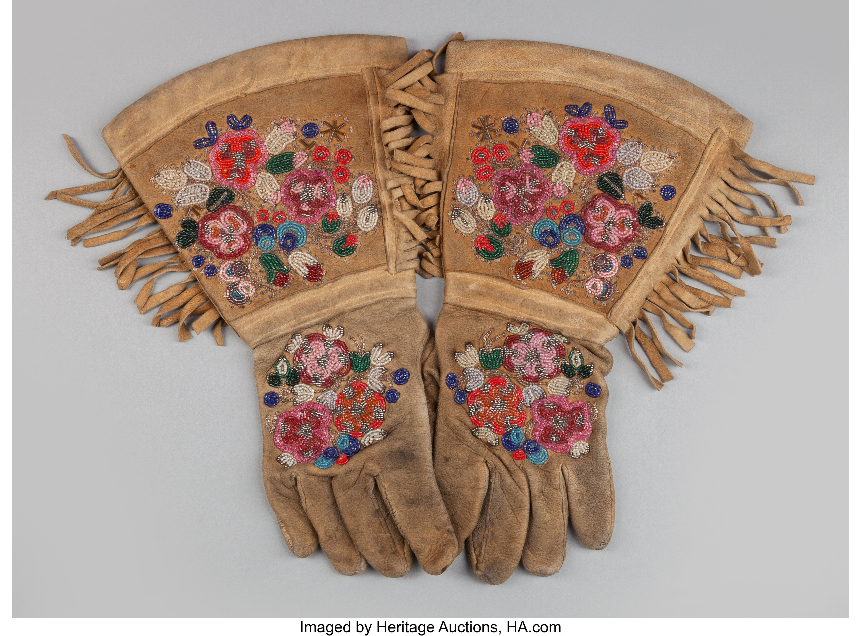 THREE PAIRS OF PLATEAU BEADED HIDE GAUNTLETS. c. 1910... (Total: 3 ...