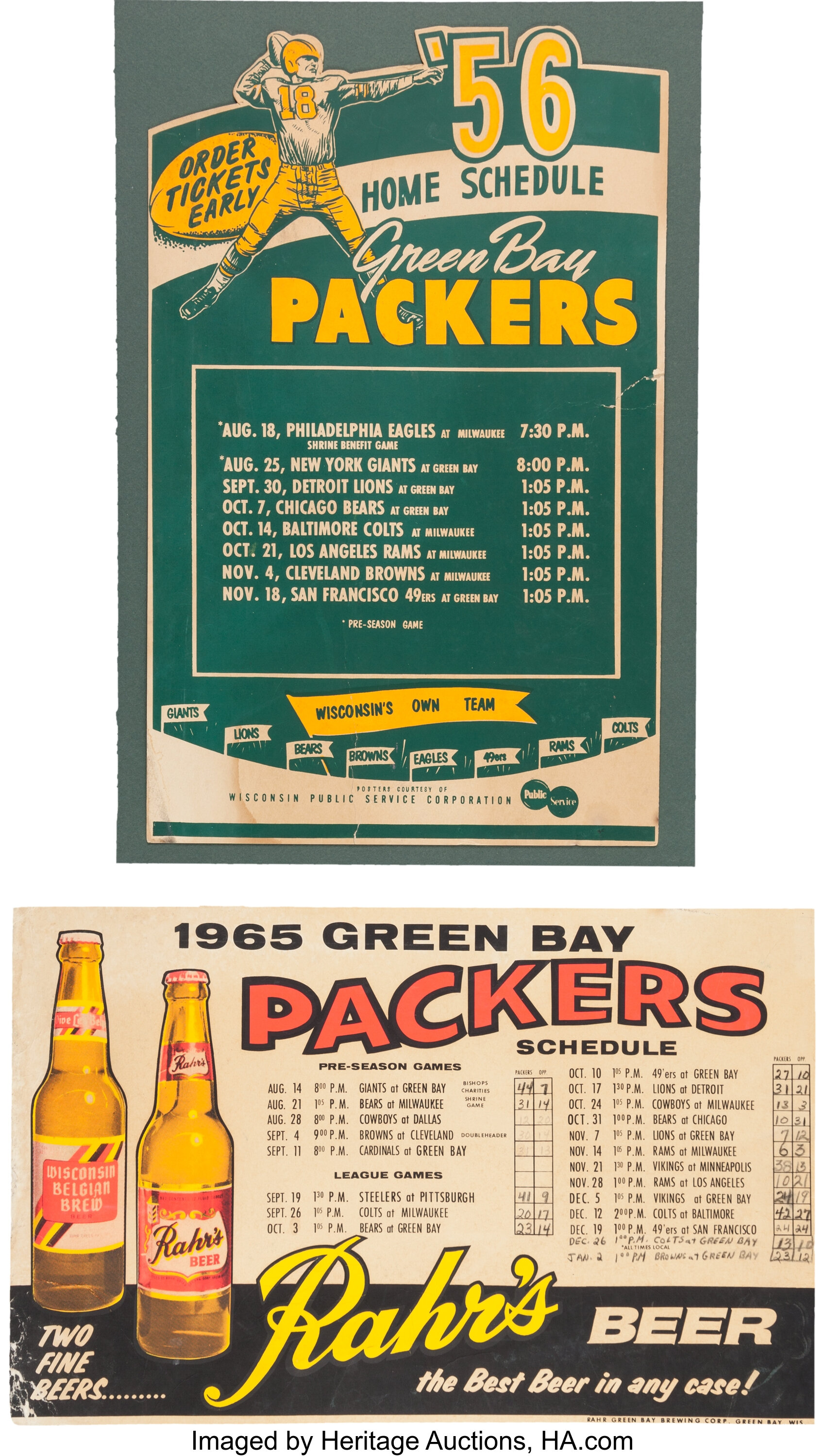 1956 and 1965 Green Bay Packers Schedule Broadsides Lot of 2.... | Lot ...