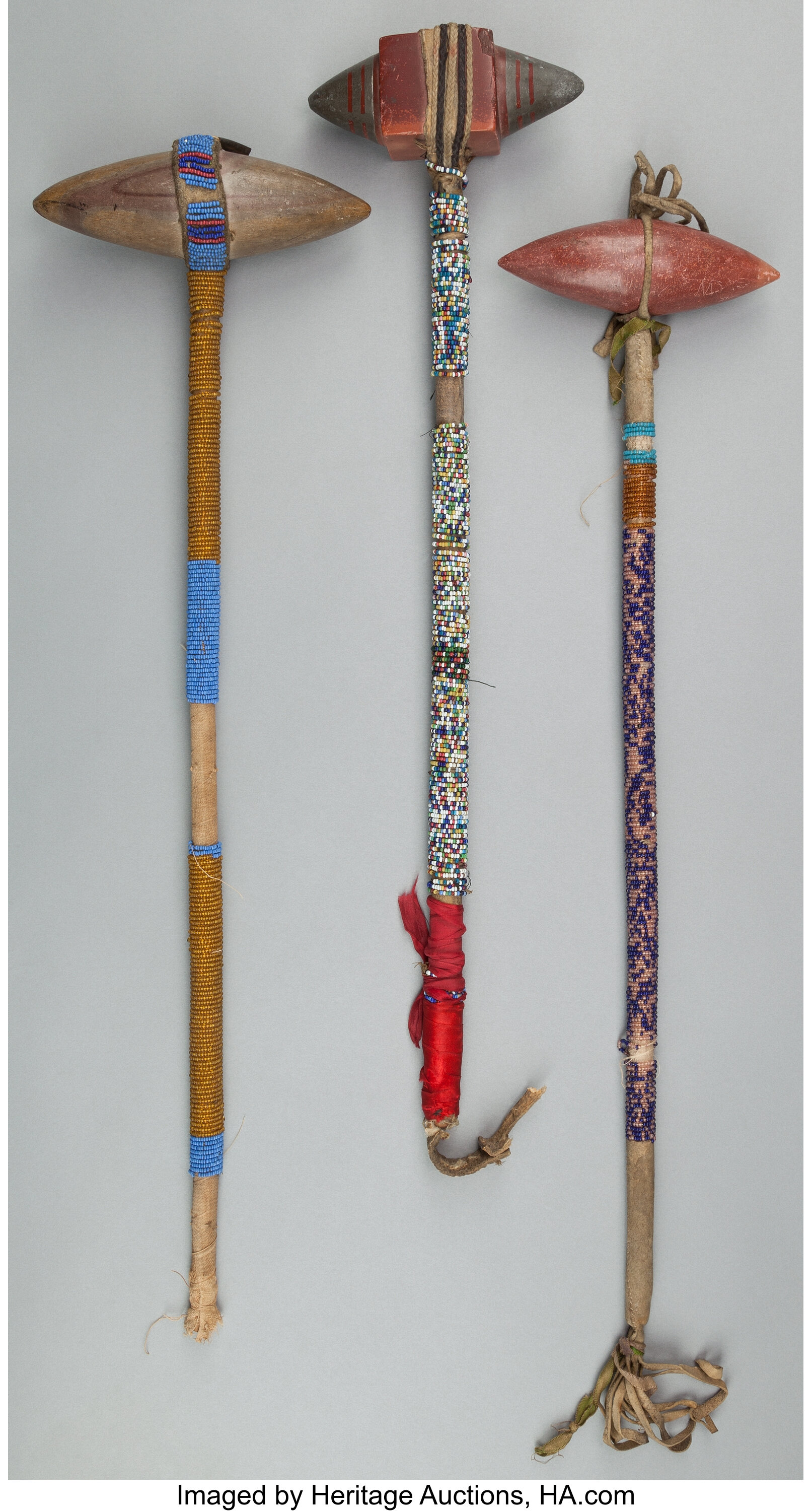 THREE SIOUX BEADED STONEHEAD CLUBS. c. 1890... (Total: 3 Items) | Lot ...
