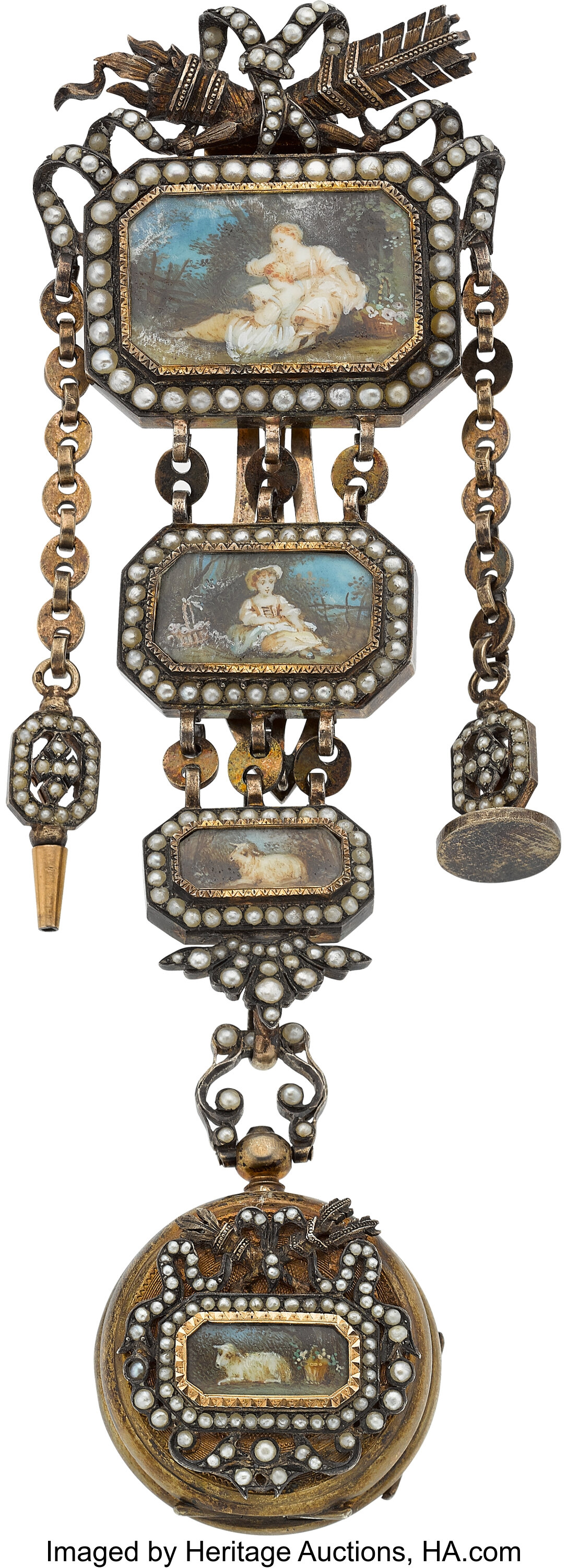 Victorian Pearl, Porcelain, Crystal, Gold, Silver Chatelaine with | Lot ...