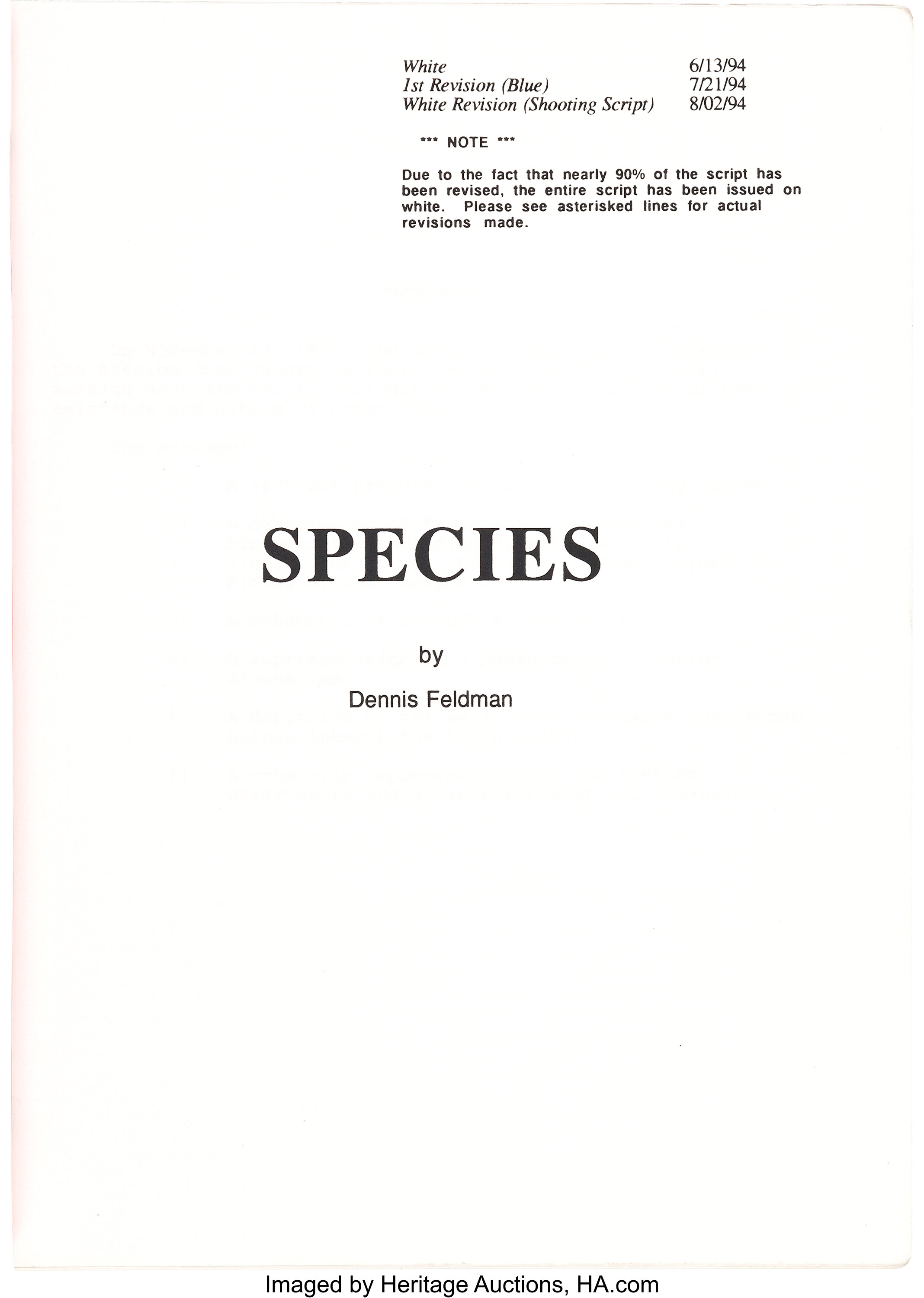 A Script from "Species."... Movie/TV Memorabilia Documents | Lot #89642 ...