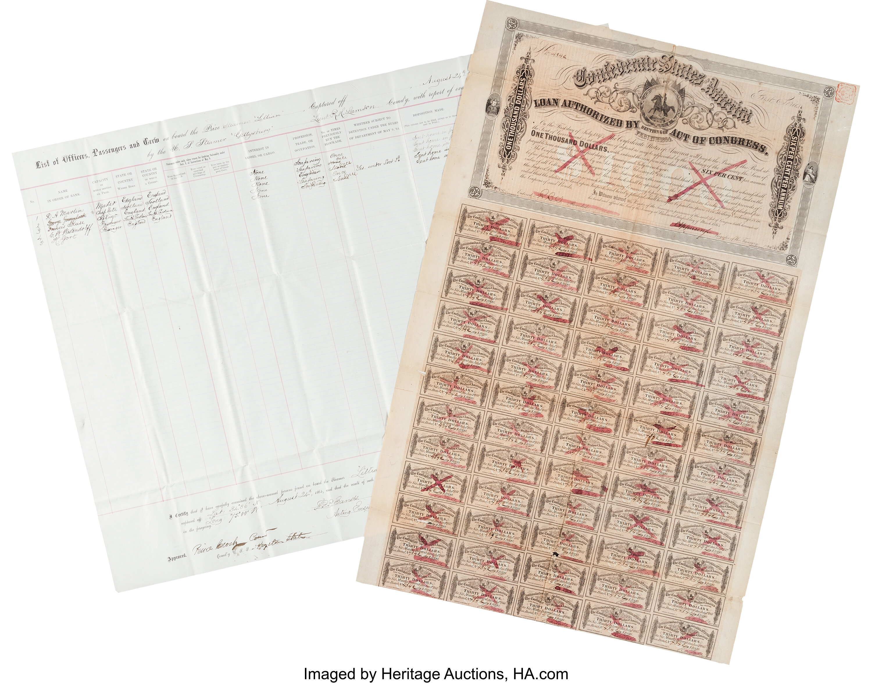 Confederate Blockade Runner Lillian: Captured Crew List and | Lot ...