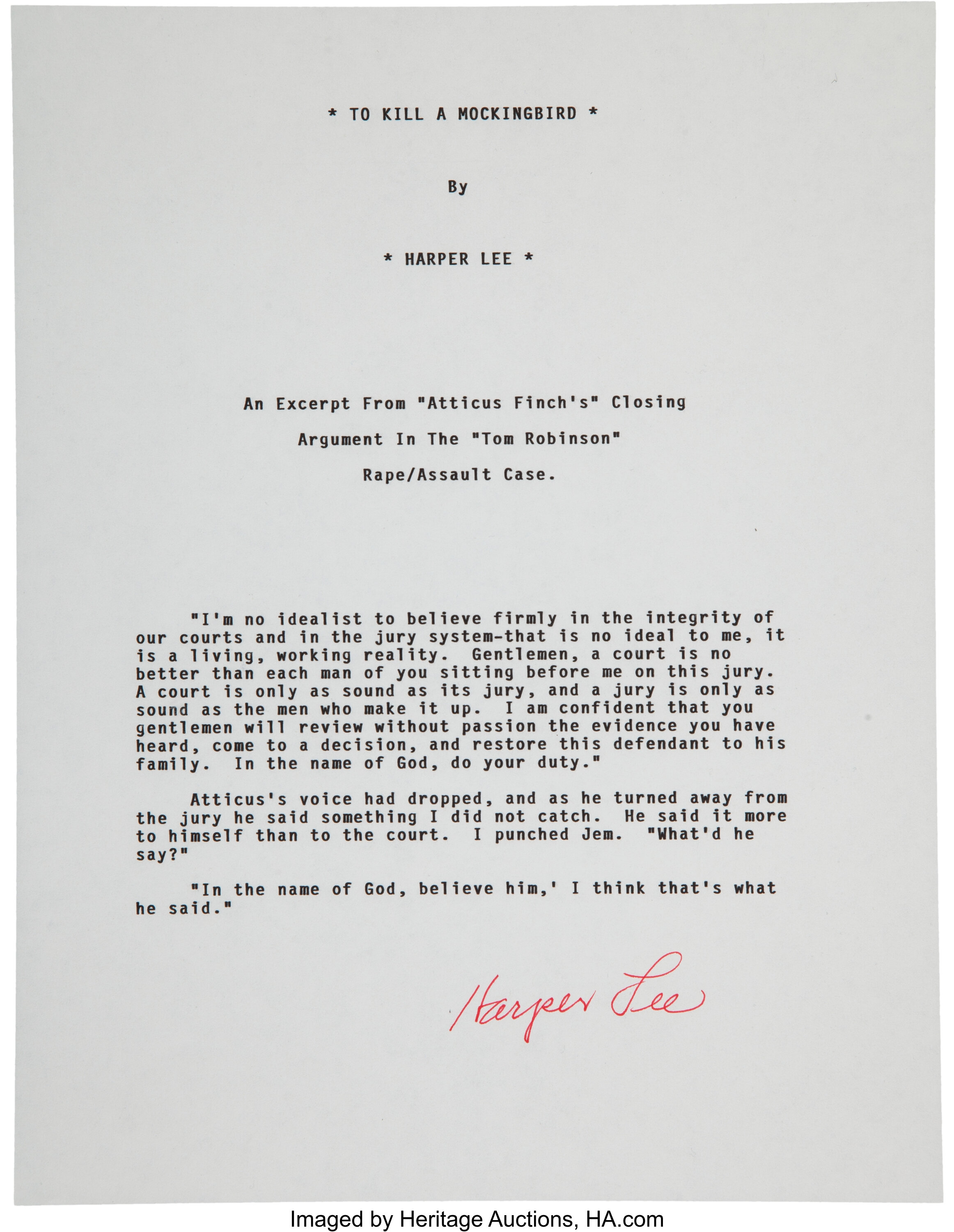 Harper Lee Signed Typescript From To Kill A Mockingbird.... | Lot ...