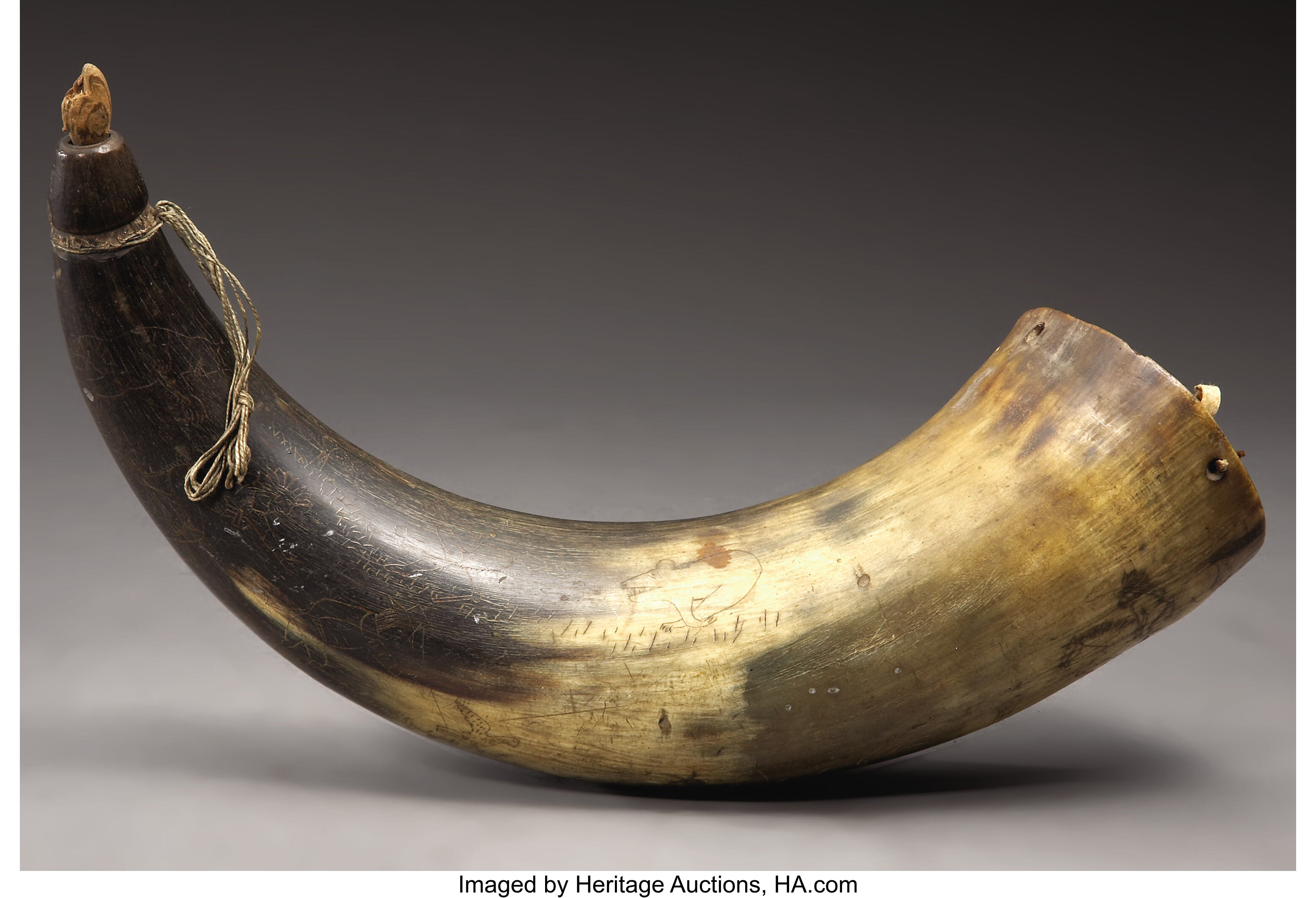 UNIQUELY RARE AND IMPORTANT INDIAN-CARVED POWDER HORN ca.1830-1860 ...